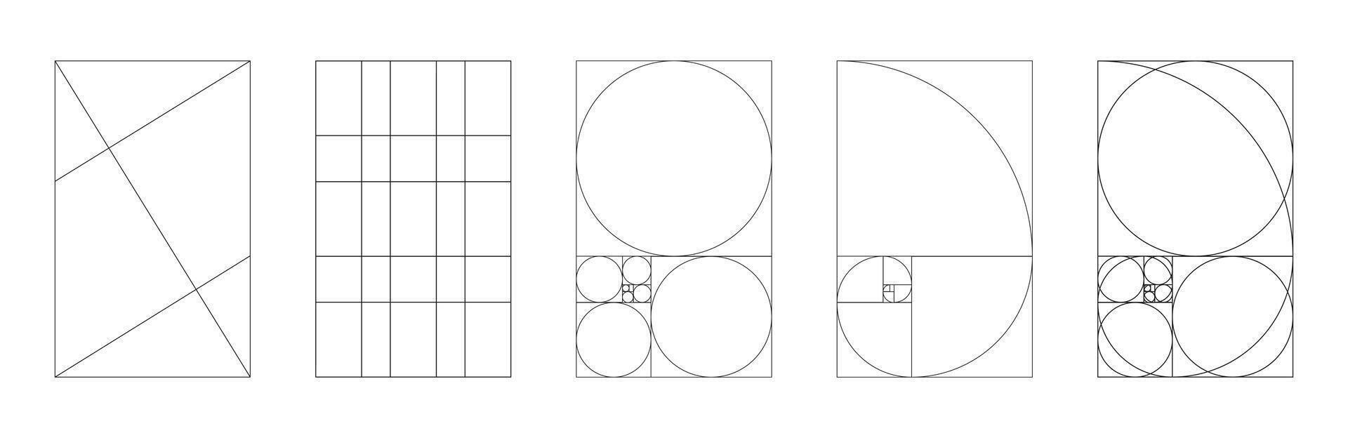 Golden ratio frames. Fibonacci array, numbers. Method golden section template. Harmony ...