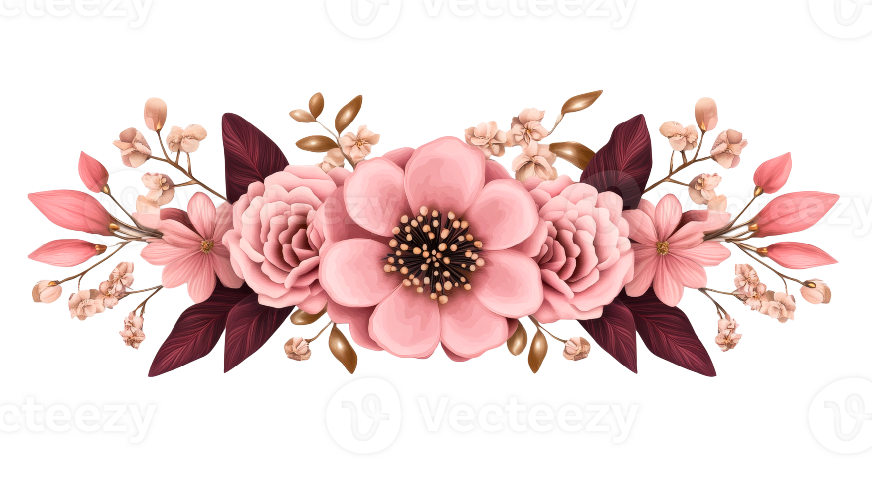 Pink flower arrangement with roses and leaves, delicate design, cut out ...