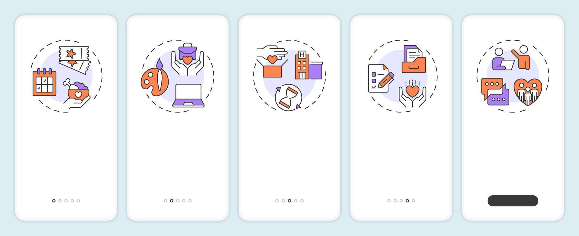 Types Of Volunteering Onboarding Mobile App Screen Walkthrough 5 Steps