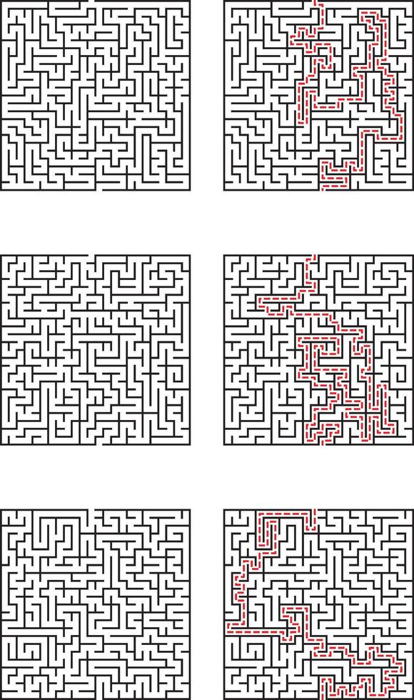 Six square mazes shown three unsolved and three with dashed red lines ...