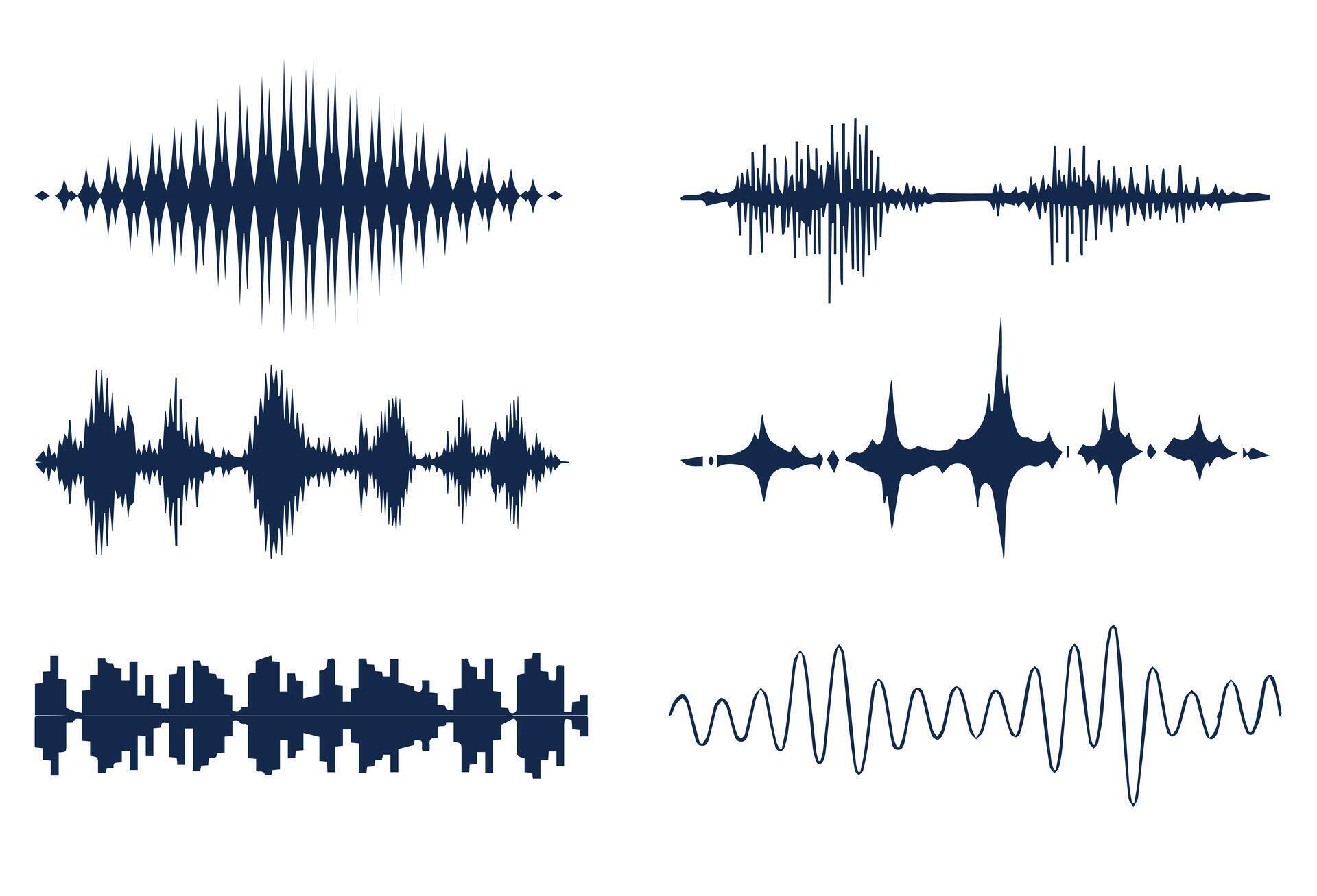 Sound Waveforms and Audio Frequencies in Blue Tones. A set of sound waves and audio waveforms ...