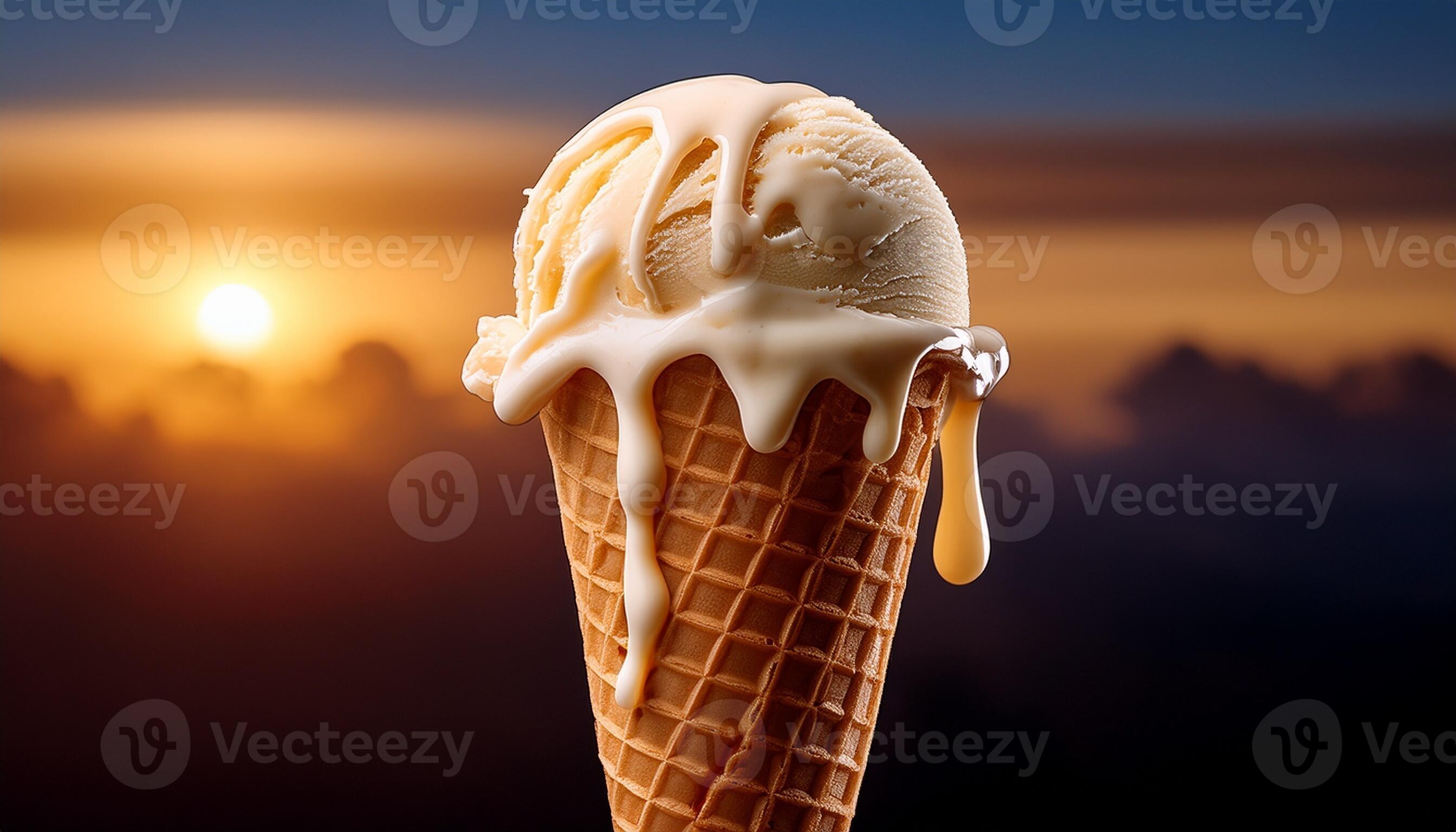 Ice Cream Cone Drizzled With Caramel Against a Vibrant Sunset Backdrop 59767856 Stock Photo at ...