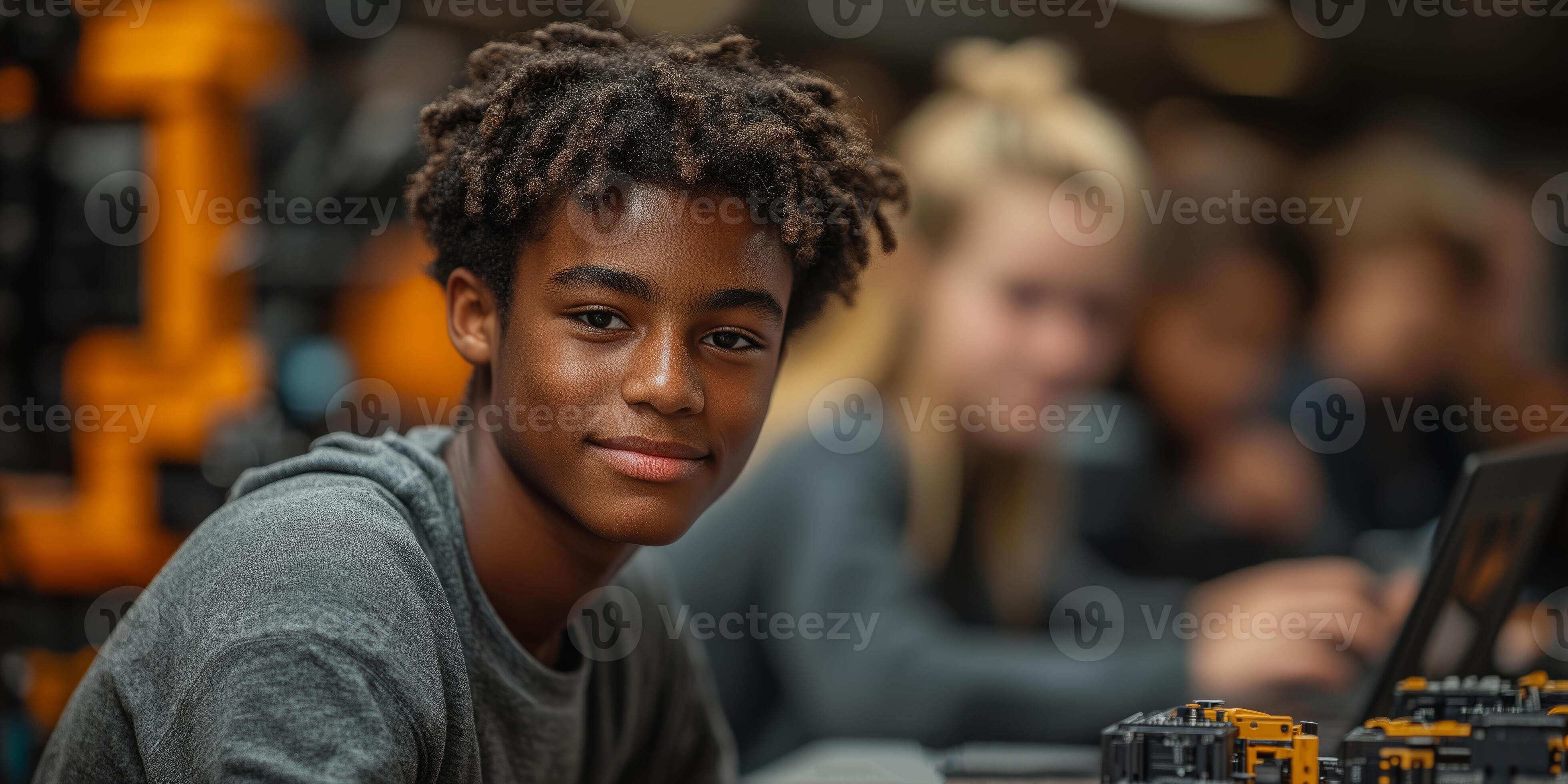 a group of teens working on a robotics project, assembling parts and ...