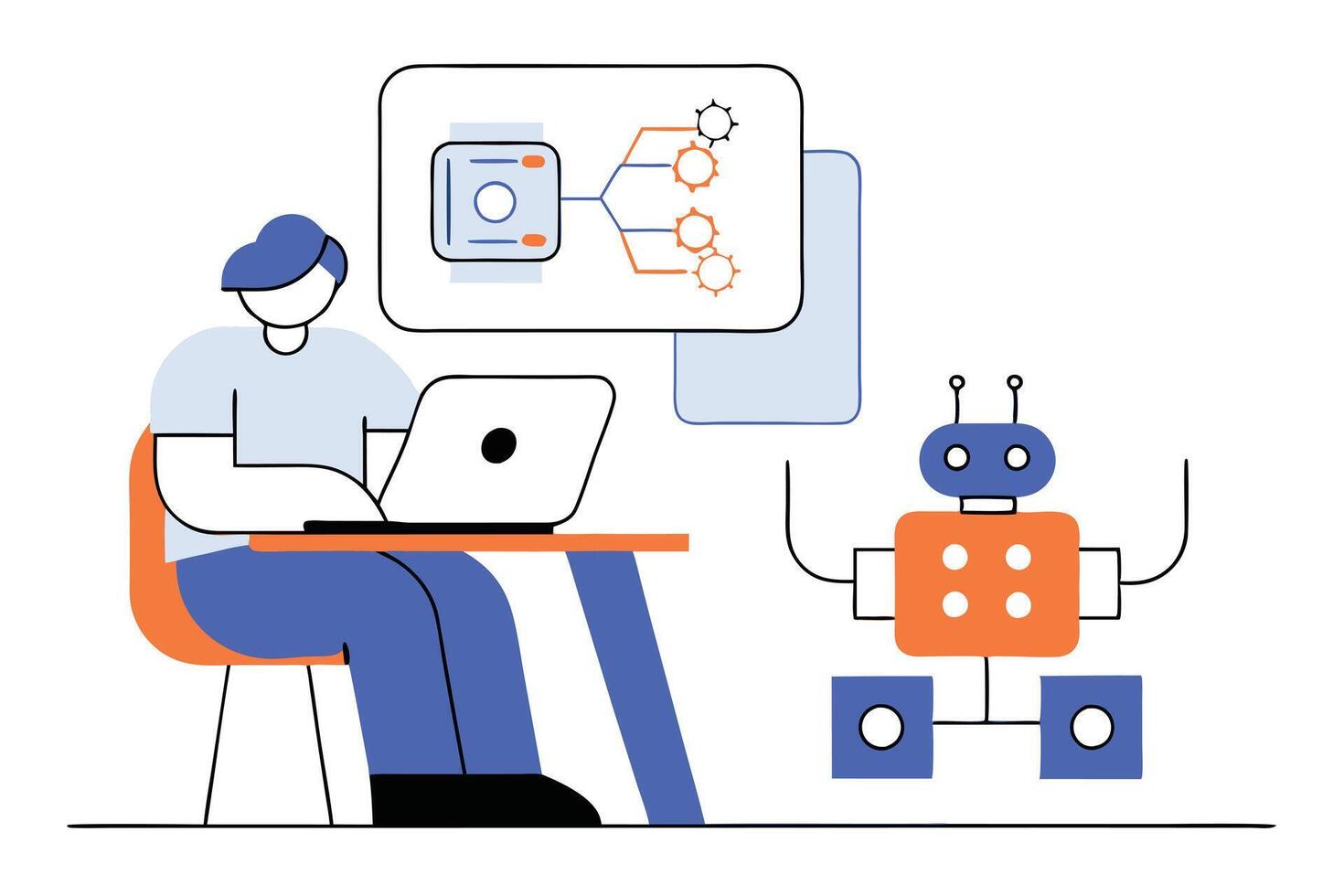 Programmer Working on Laptop Near Robot and Flowchart with Transparent ...