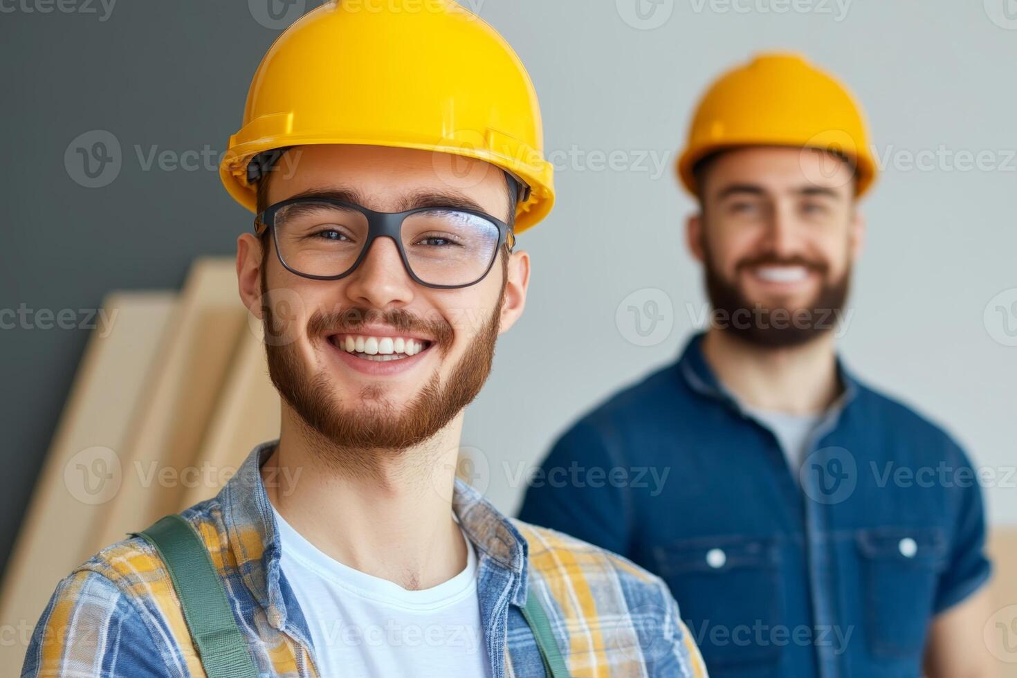 Construction workers smile during break at a job site while wearing safety helmets and working ...