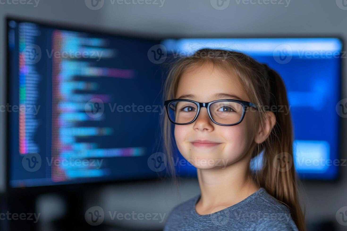 Young girl coding at home with dual monitors displaying programming code in a cozy environment ...