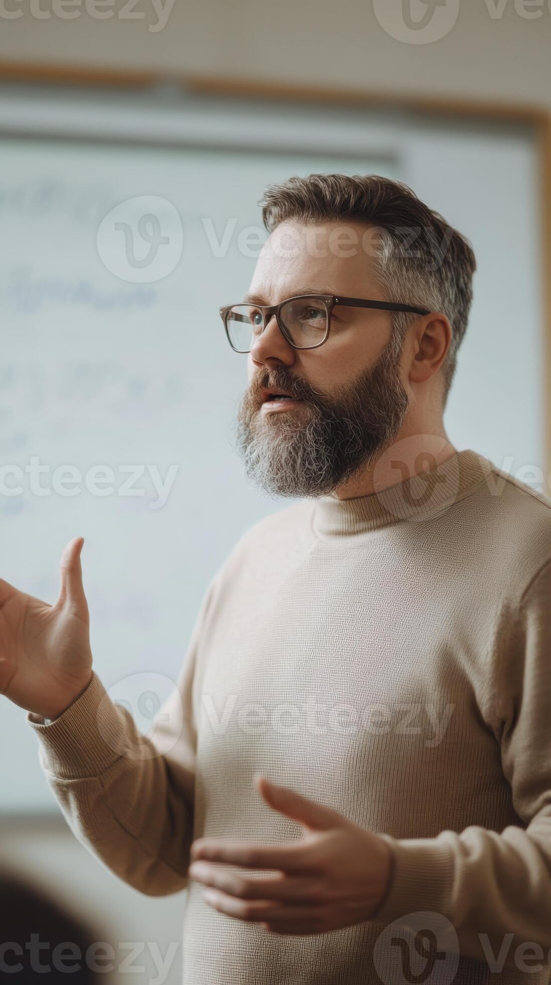 Engaging discussion by a teacher in a classroom setting while explaining complex concepts to ...