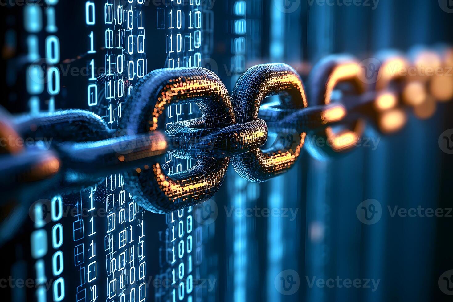 Secure Digital Blockchain Technology Concept 3D Render of Chain Link with Binary Code Background ...