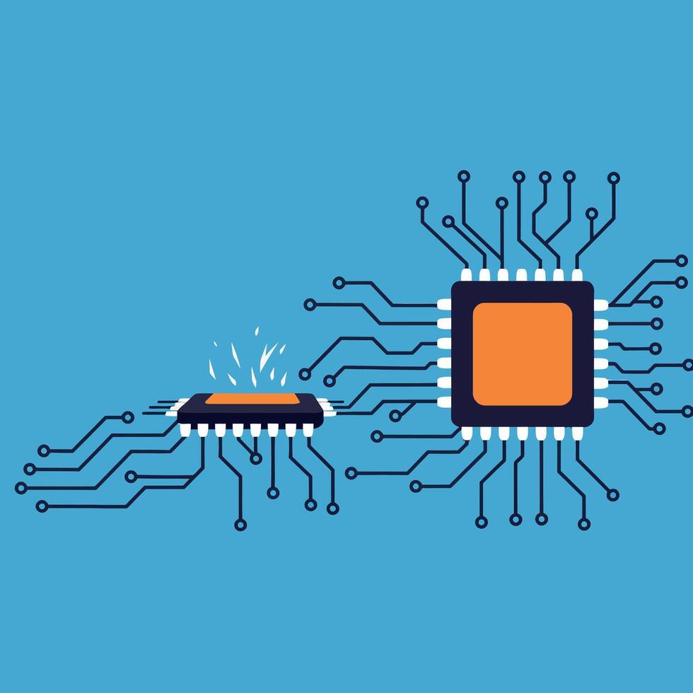 Microchip Design With Circuit Connections In A Flat Blue Style Art
