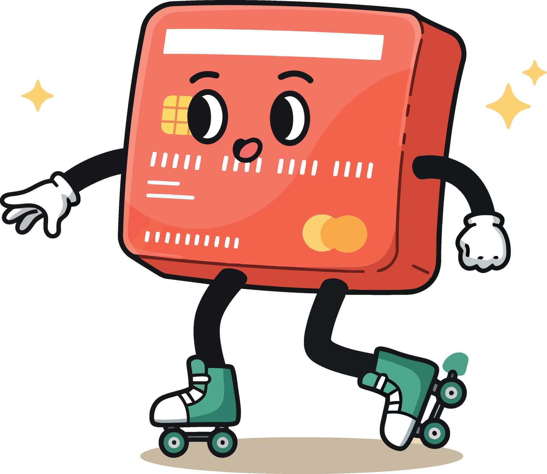 Animated credit card character on roller skates in a fun and playful ...