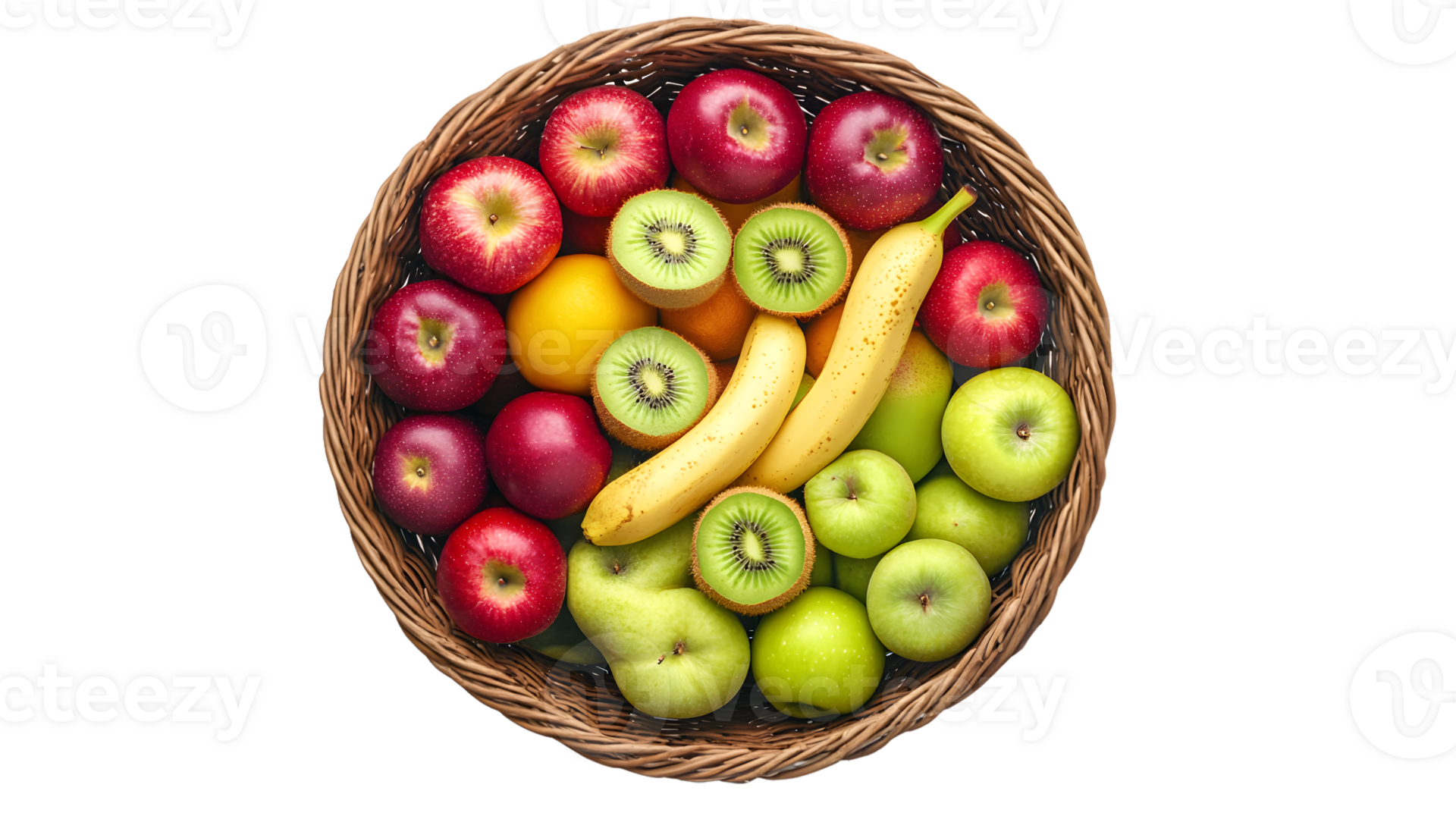 A basket brimming with fresh fruits including red and green varieties bananas kiwis and oran ...