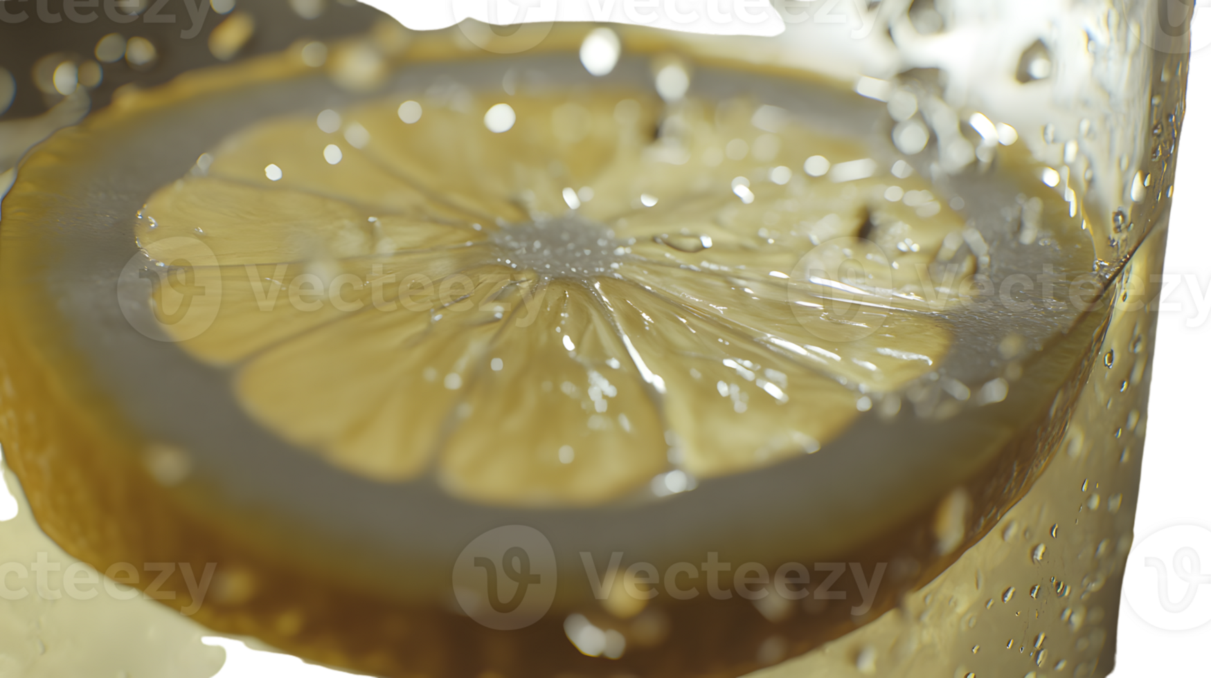 Closeup of a lemon slice in a glass of water with water droplets 59933321 PNG