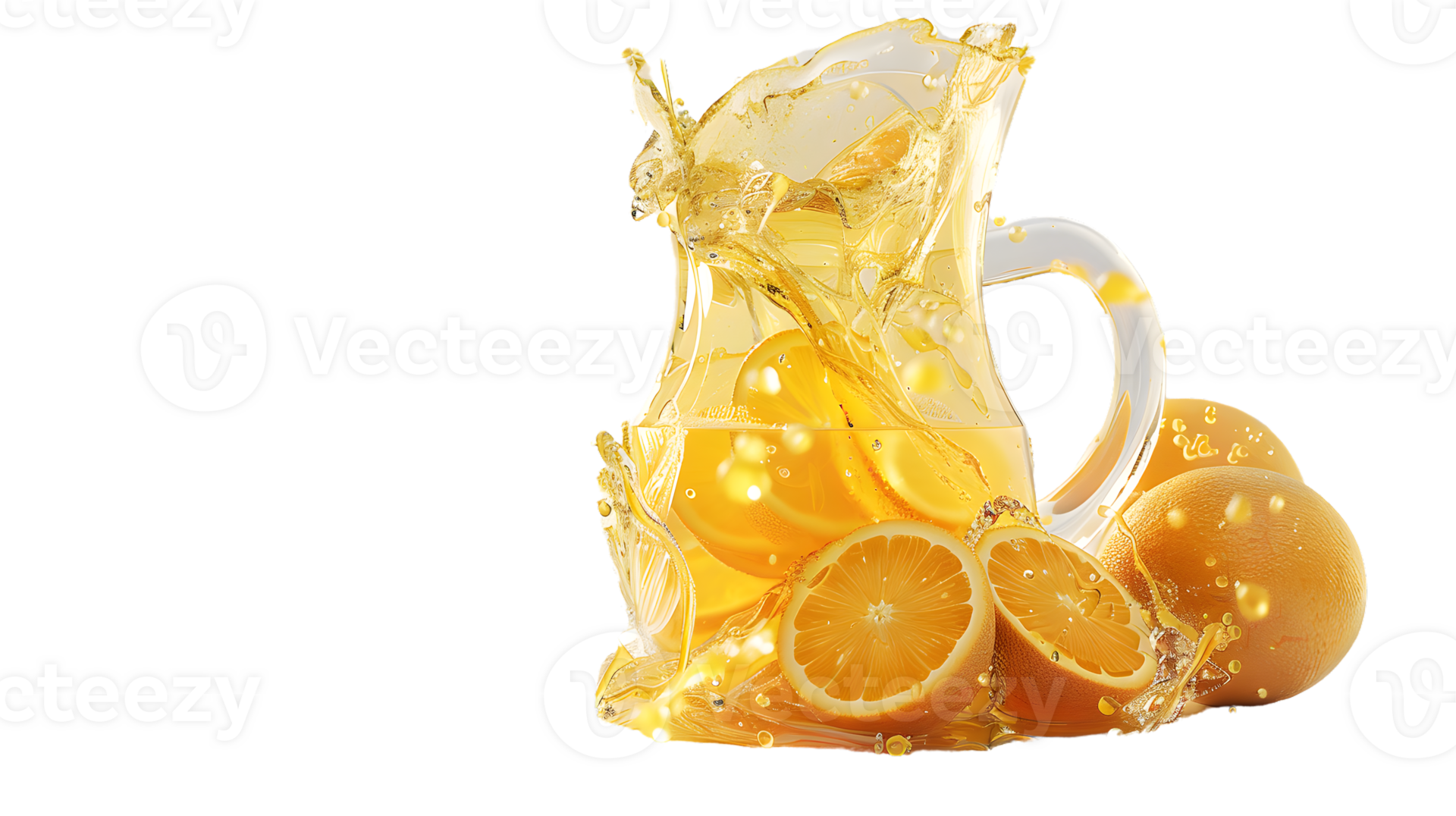 Refreshing Citrus Splash A Dynamic Glass Pitcher Overflowing with Orange Juice and Fresh Slice ...