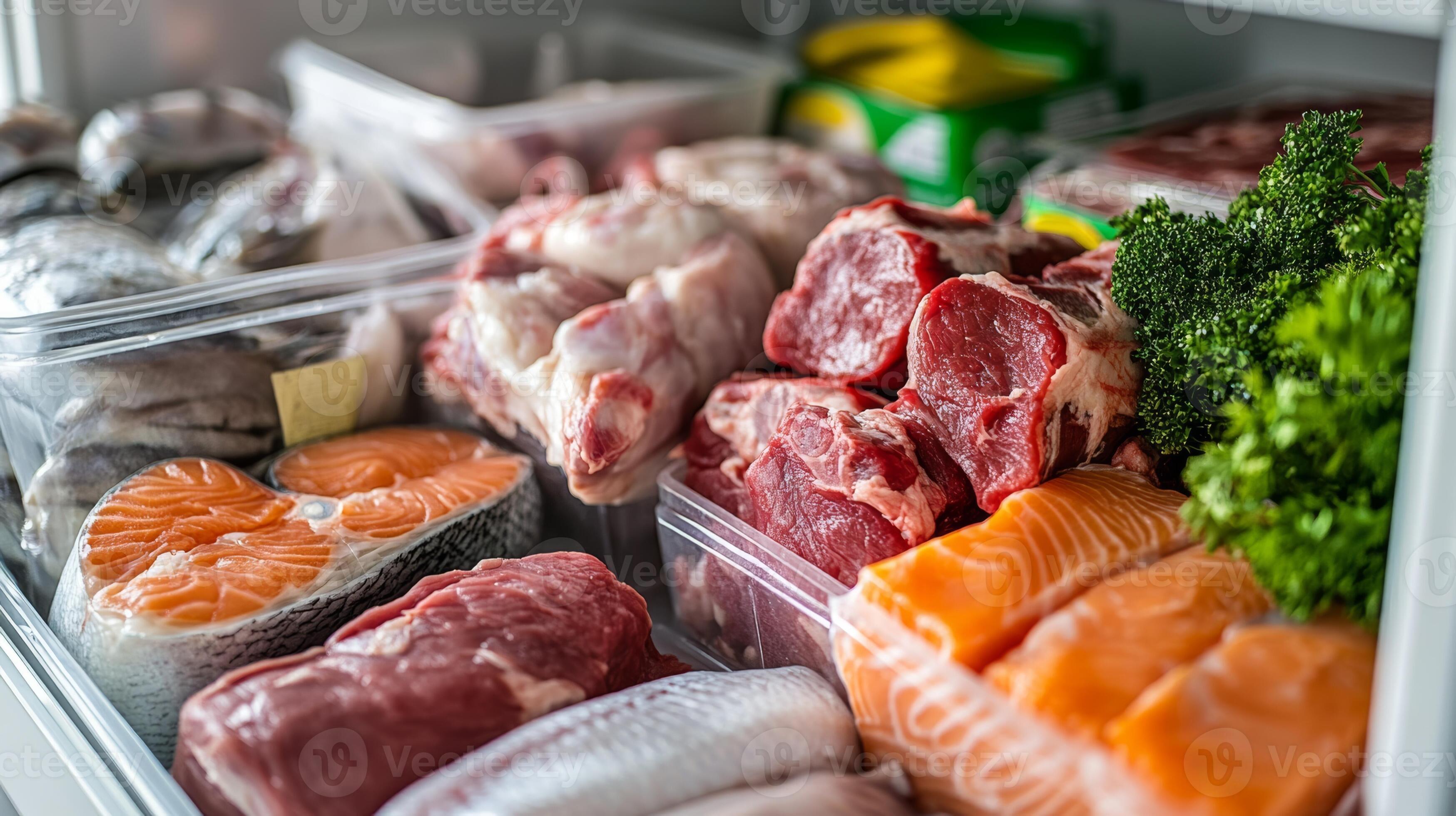 Fresh cuts of meat and seafood displayed in a well-organized refrigerator at a local market ...