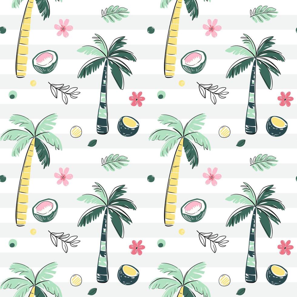 Seamless pattern with palm trees, coconut. Sketch, line art drawing ...
