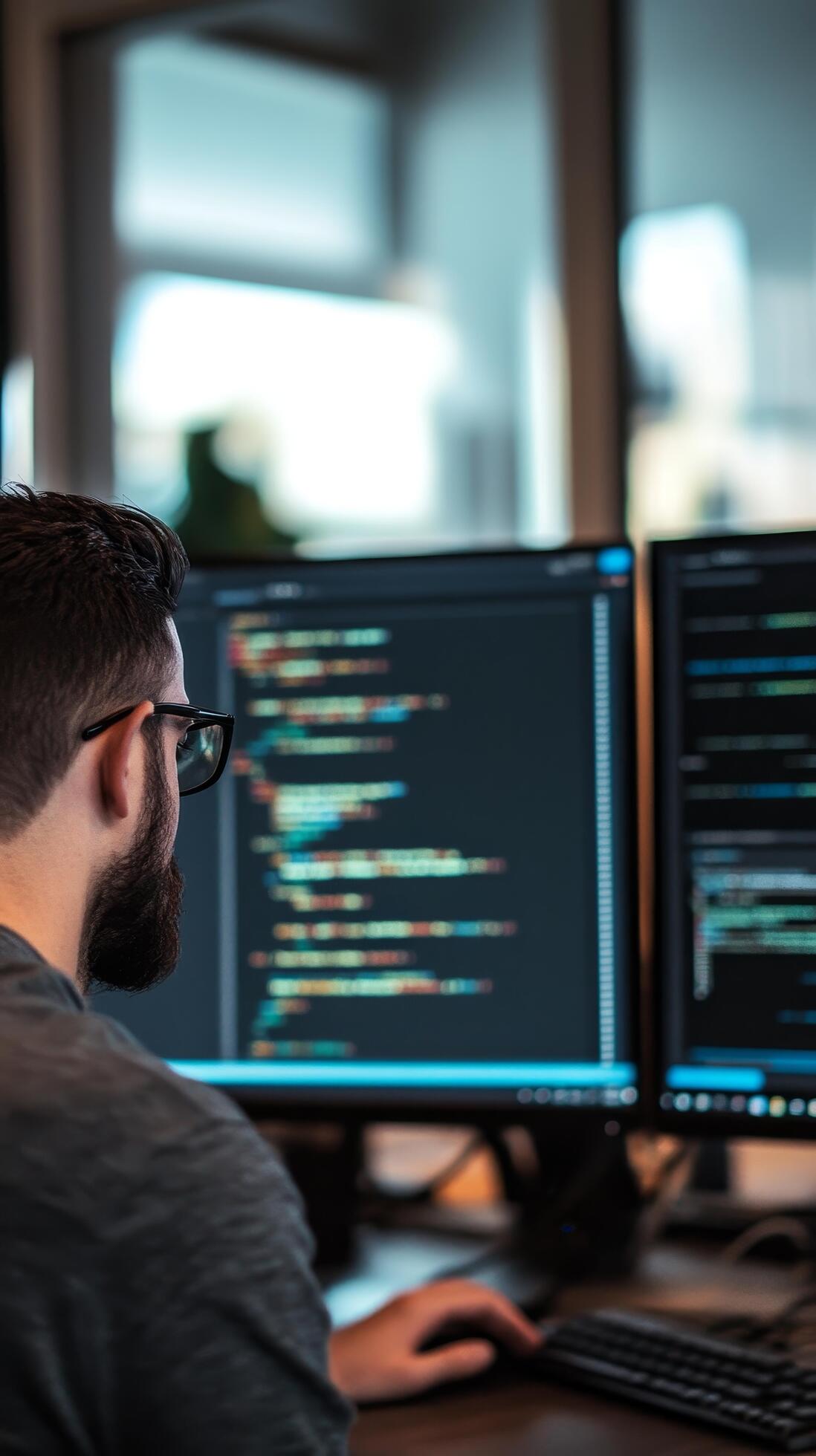 Focused Programmer Coding On Dual Monitors Software Development Data Analysis And Innovative