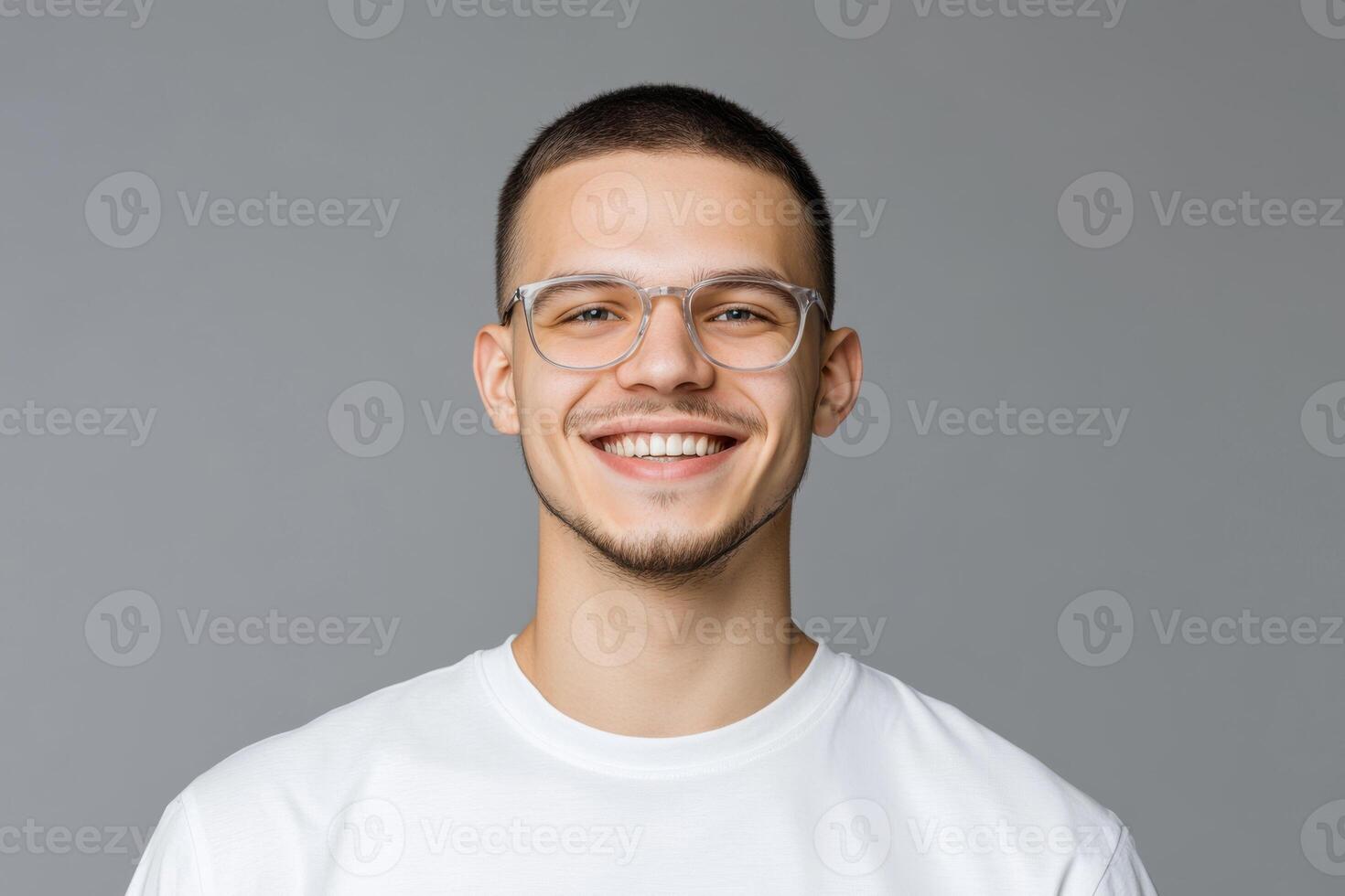 Portrait of a smiling young man wearing glasses on grey background ...