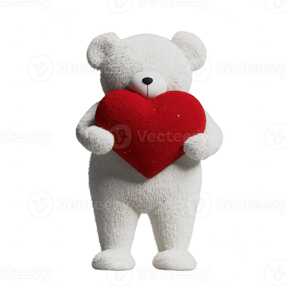 A cute white teddy bear holding a red heart, symbolizing love and affection, perfect for ...