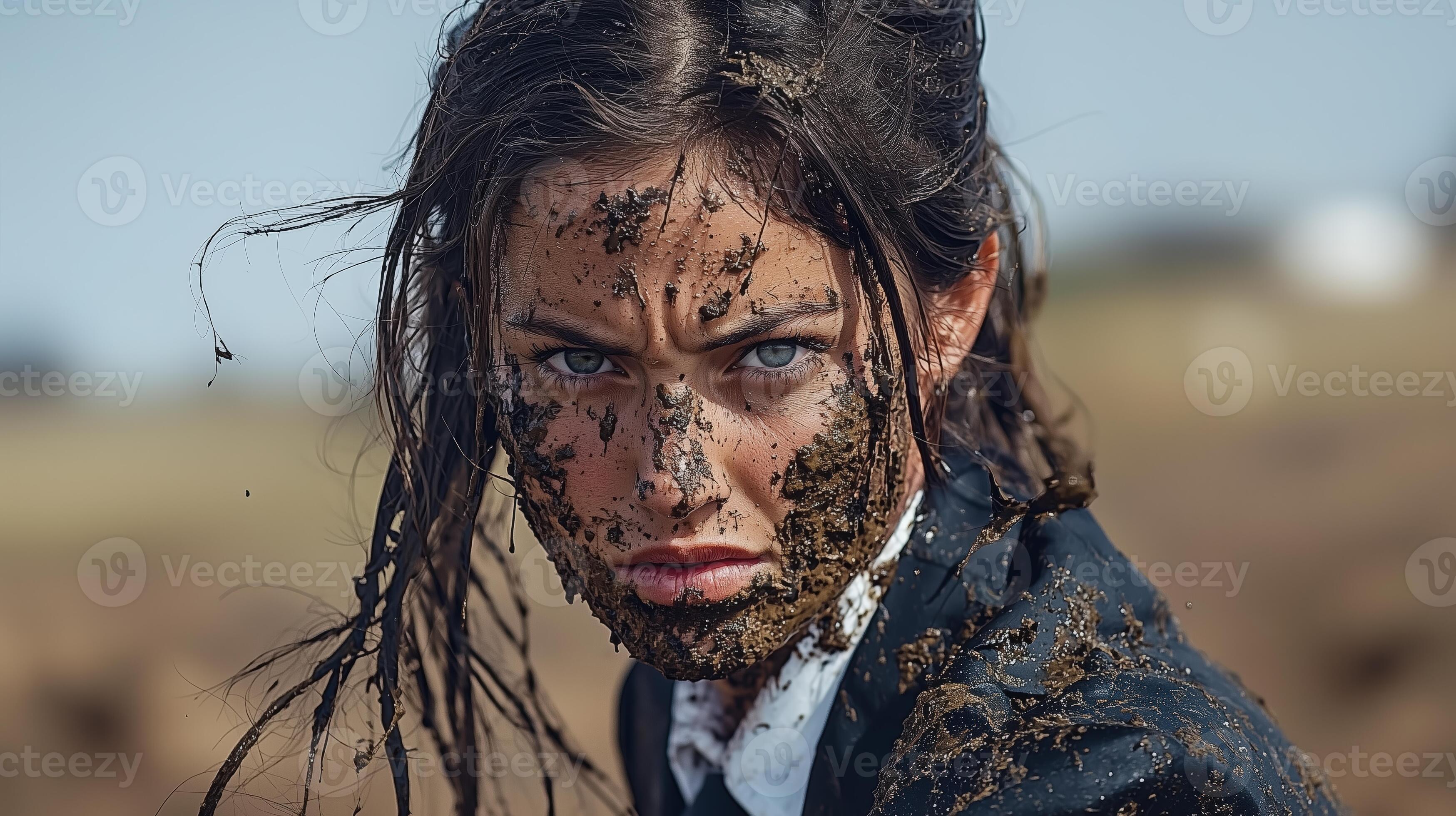 Intense portrait of a muddy woman with piercing blue eyes and disheveled hair in a rural setting ...