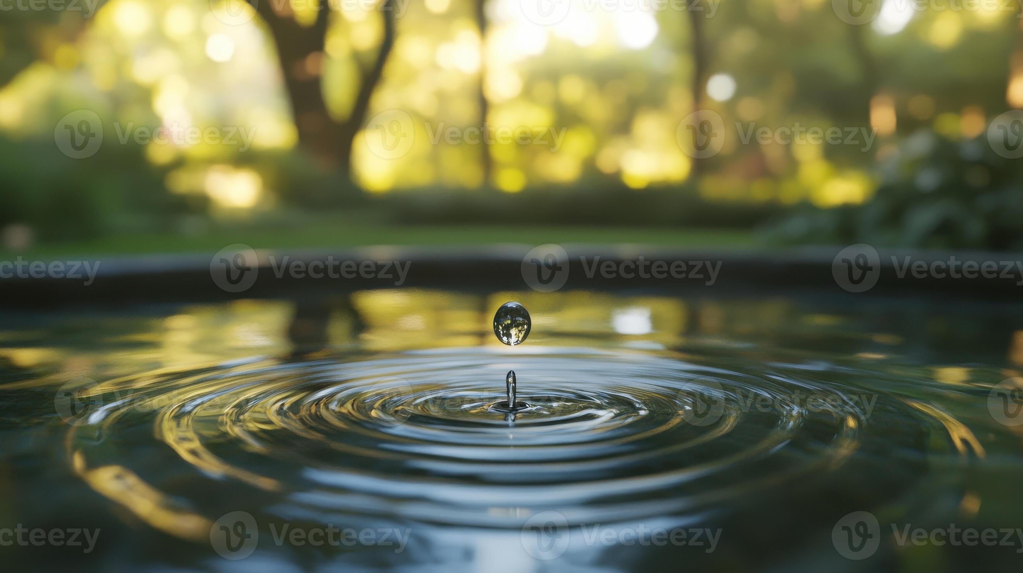 Droplet creating ripples in tranquil garden pond with sunlit background 59994619 Stock Photo at ...