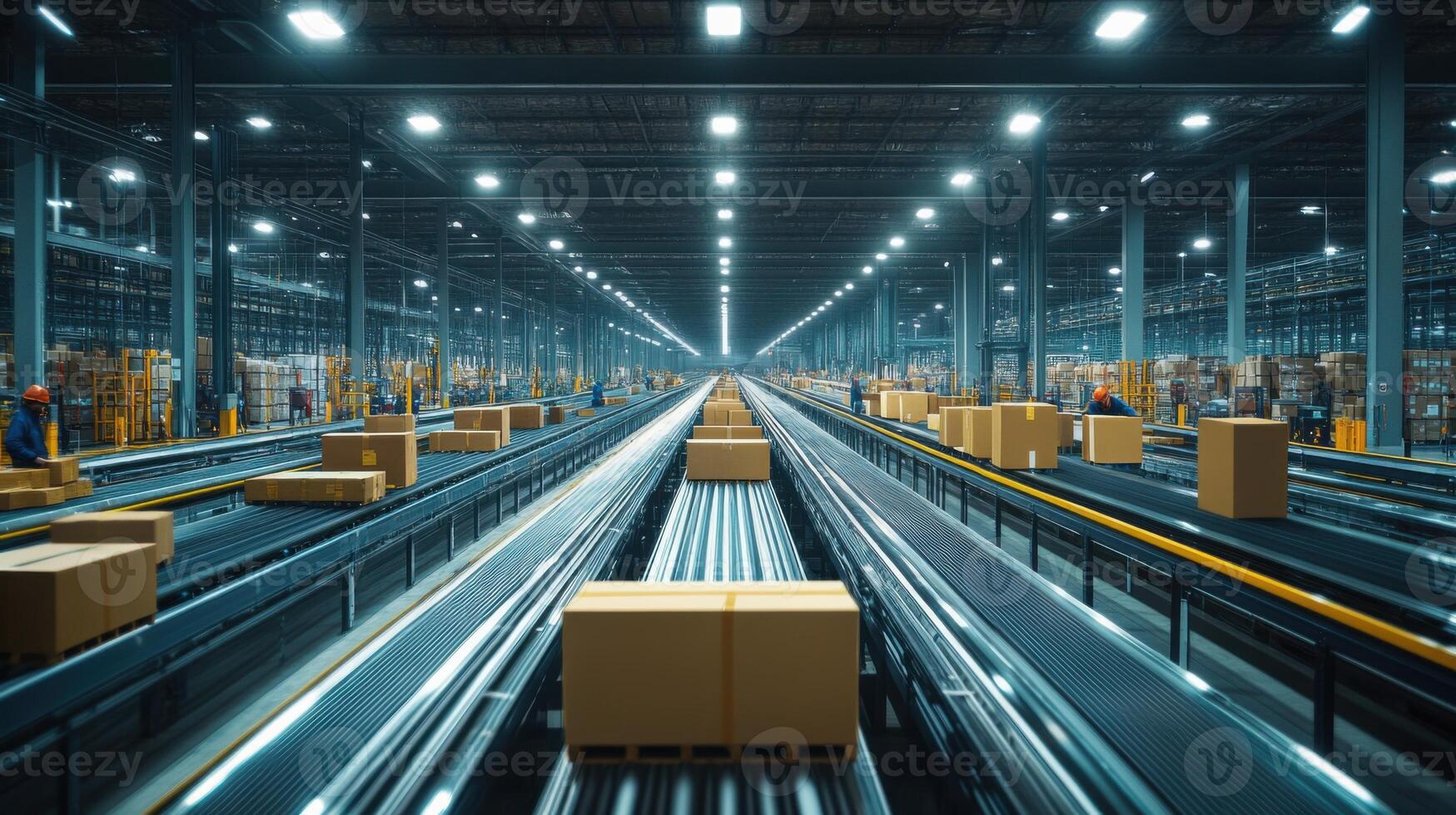 Cardboard boxes move along conveyors in a bright warehouse. Automated system carries packages ...