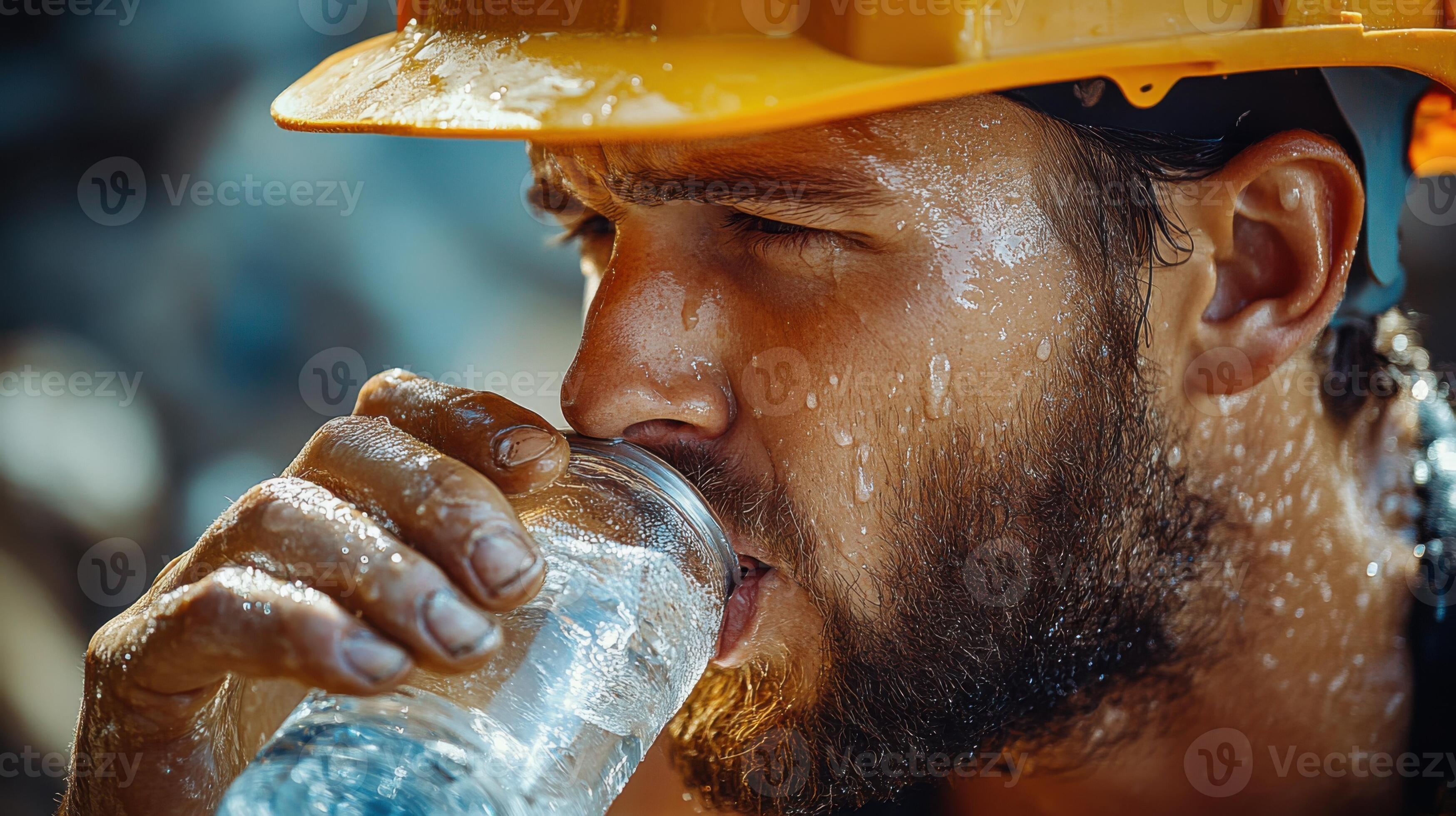 Construction worker drinks water. Man with helmet and beard is thirsty after hard work ...