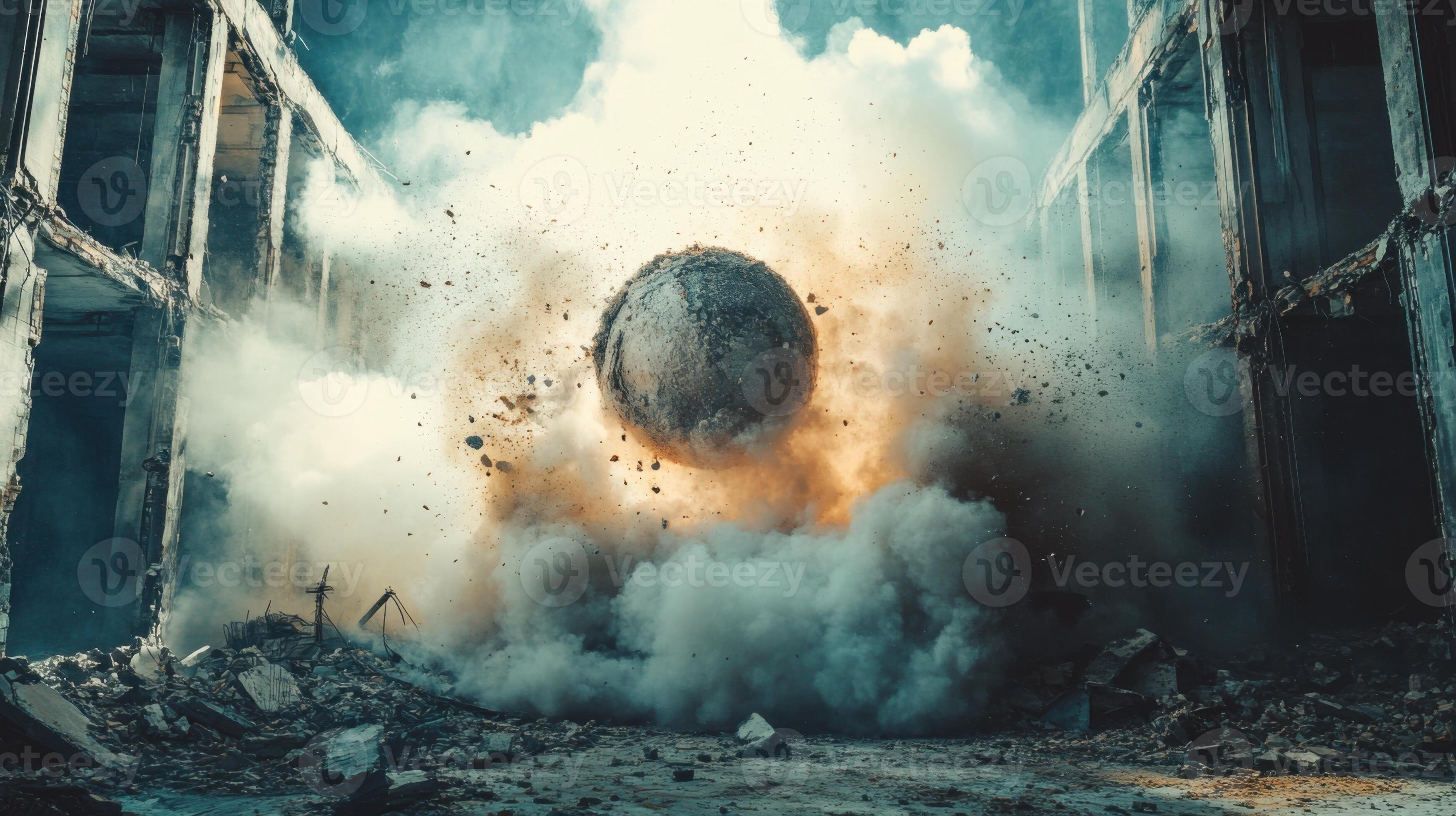 Concrete sphere bursts amid building ruins with dust and smoke. Debris surrounds the scene in an ...
