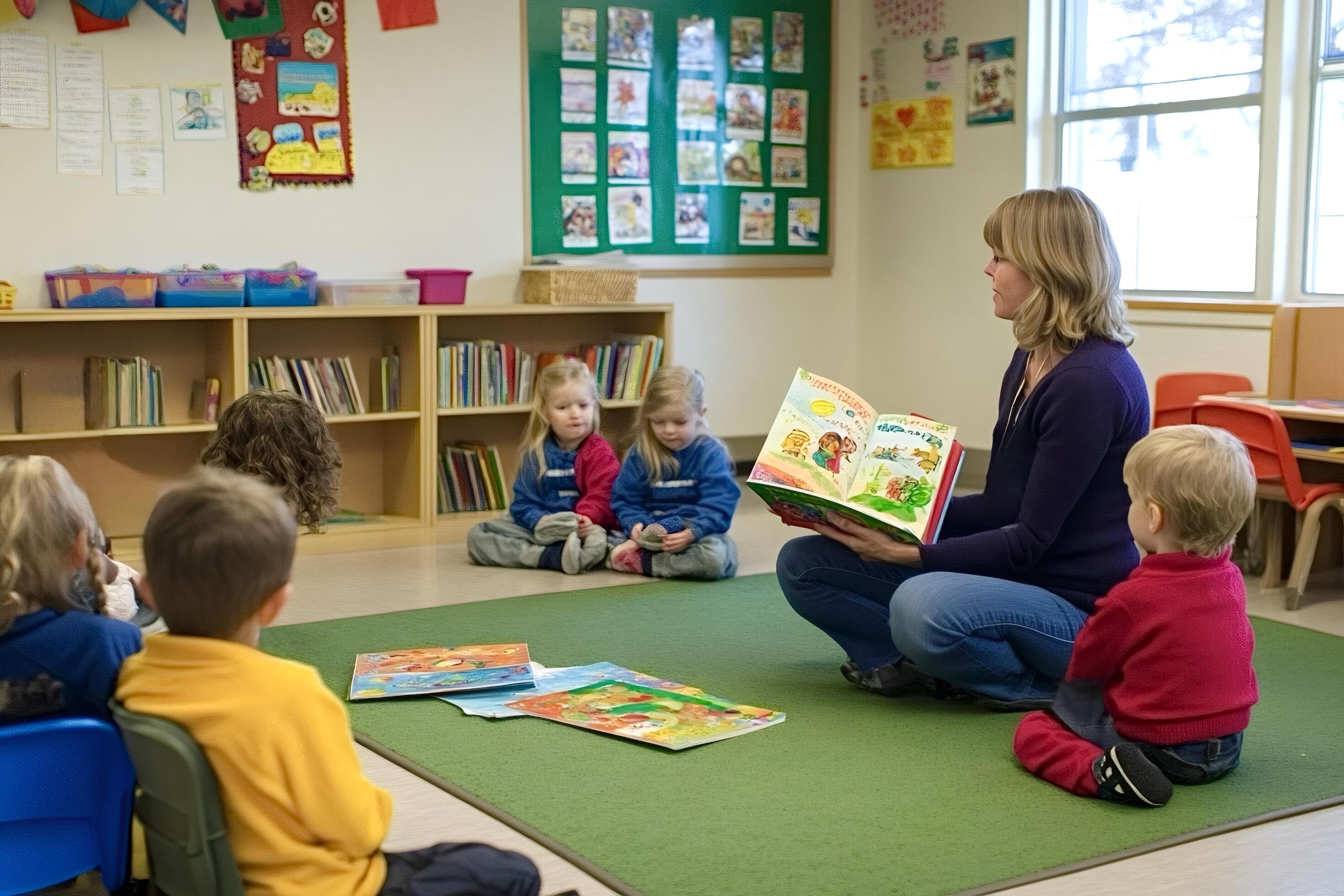 Teacher reading a story to preschool children in classroom 60002778 ...