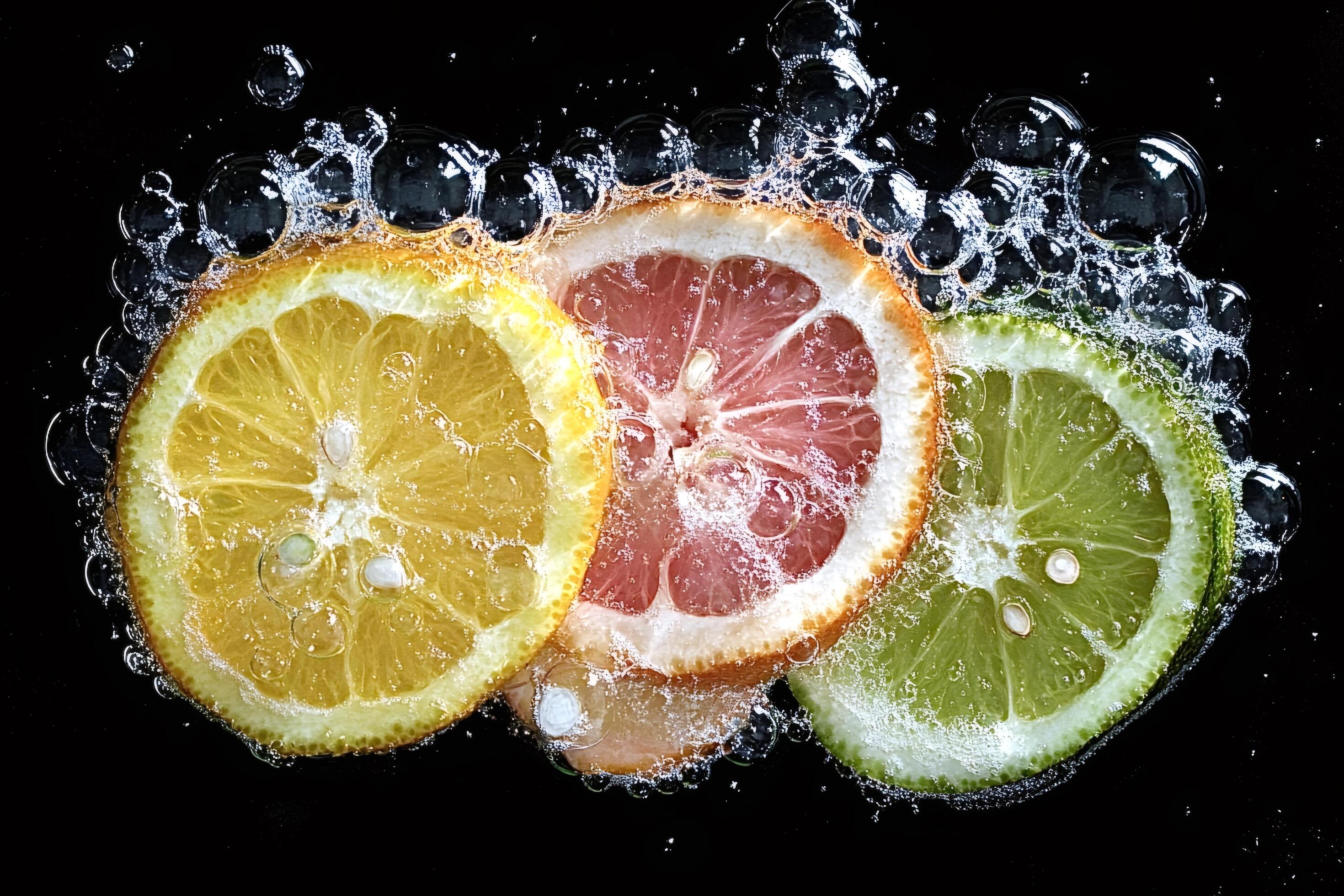 Lemon, grapefruit and lime slices submerged in sparkling water with bubbles 60003318 Stock Photo ...