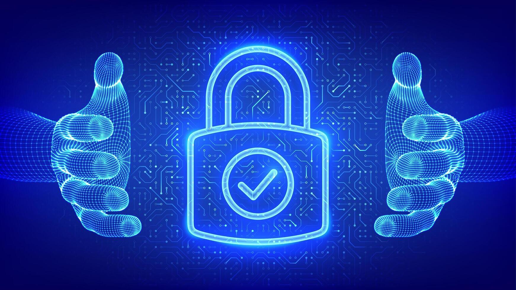 Padlock Icon Cybersecurity Data Protection Padlock With Check Mark Icon In Wireframe Hands