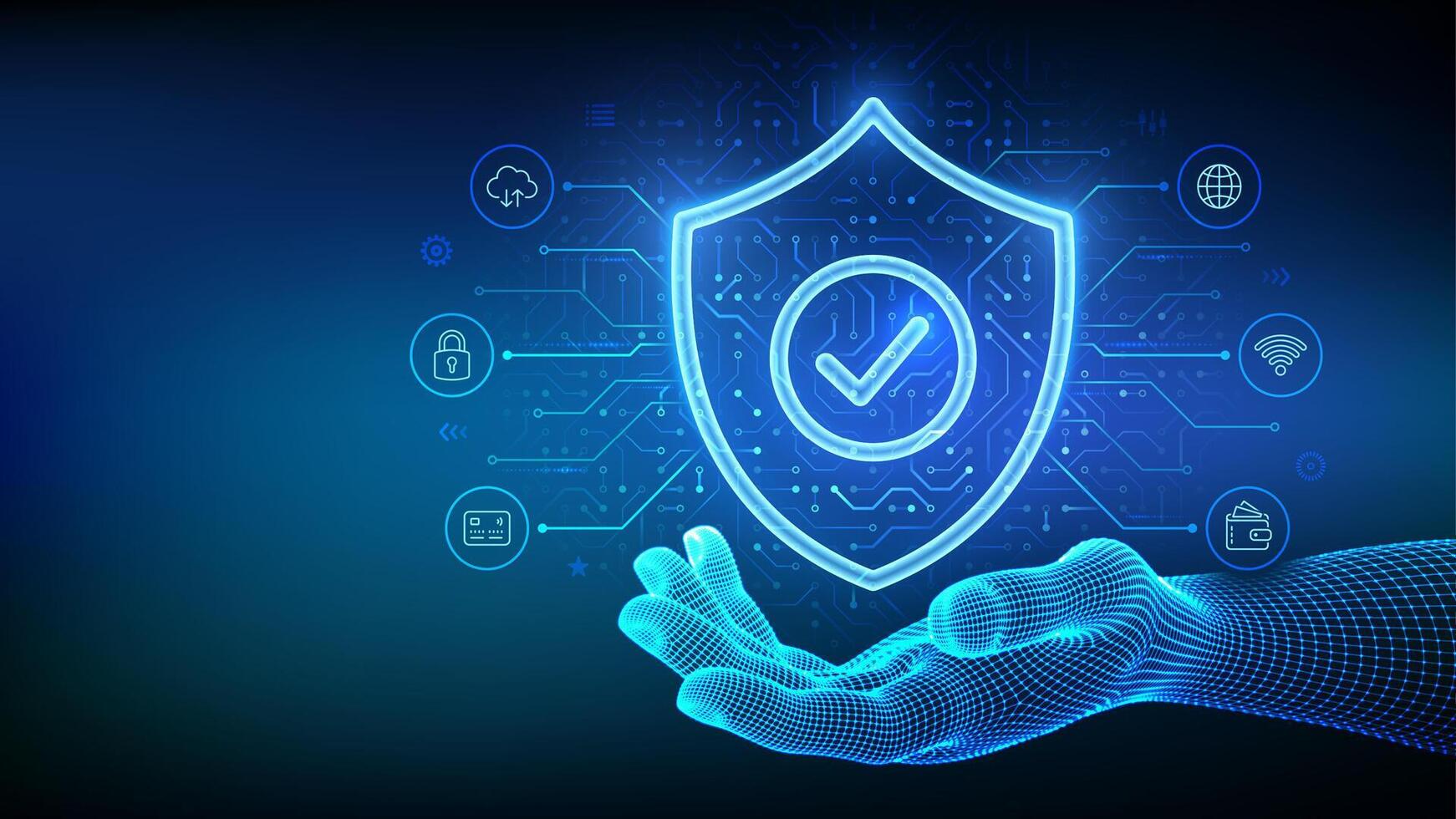 Security Shield Cyber Security Protection Shield With Check Mark Icon In Wireframe Hand Cyber