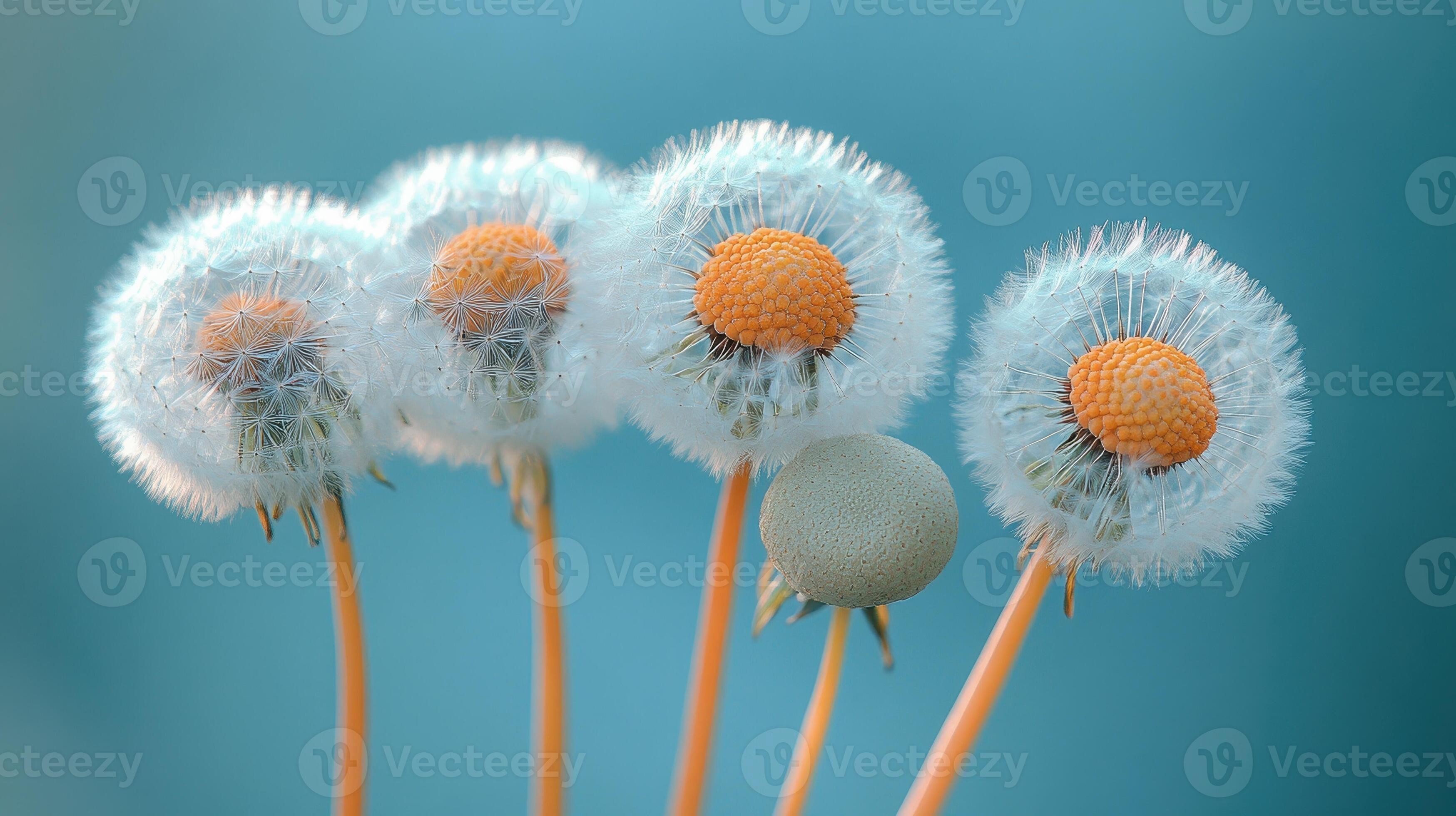 Five Dandelions Seed Heads, Summer Meadow, Nature Background, Spring ...
