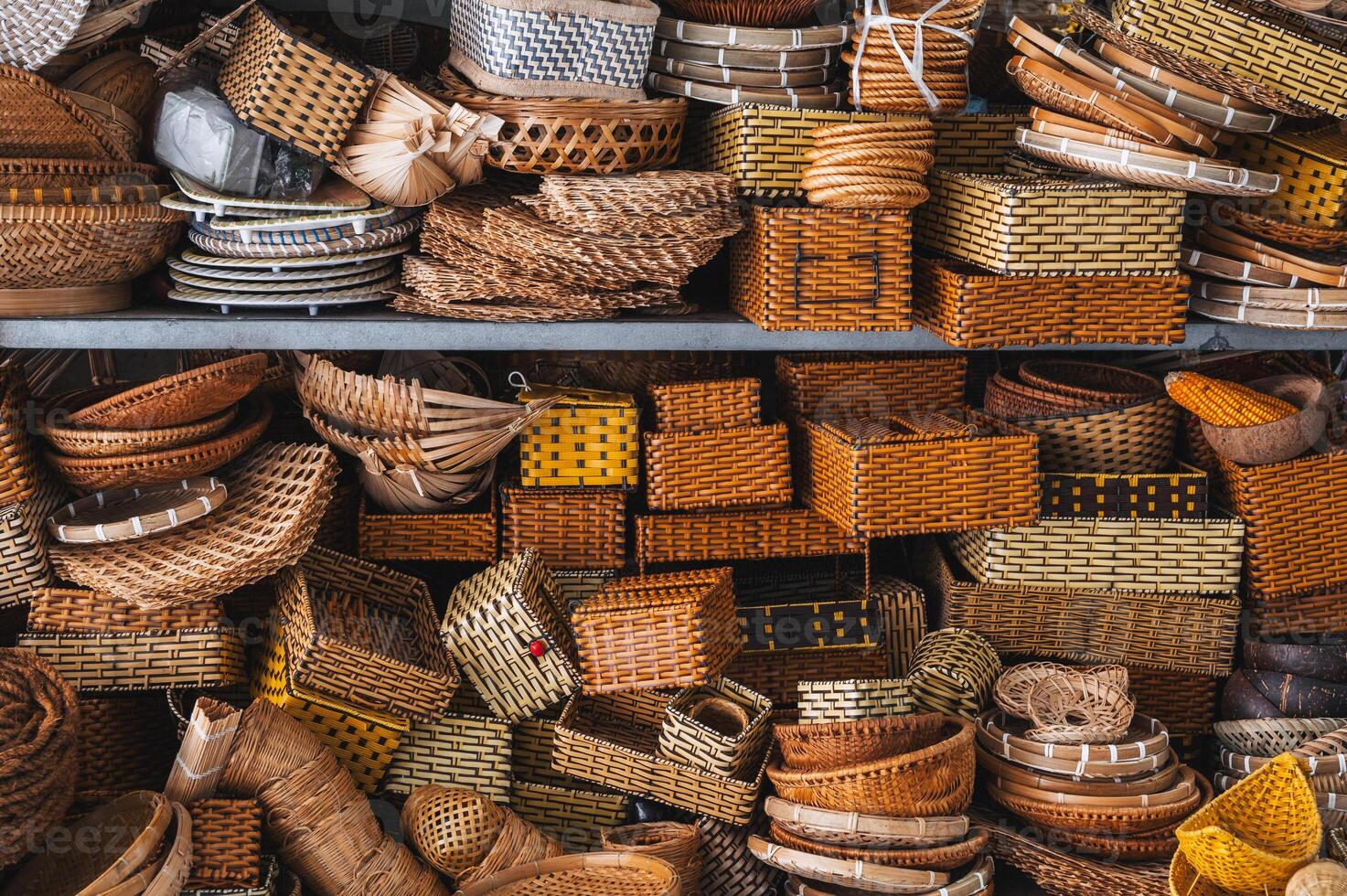 Traditional Vietnamese rattan woven wicker baskets and containers on ...