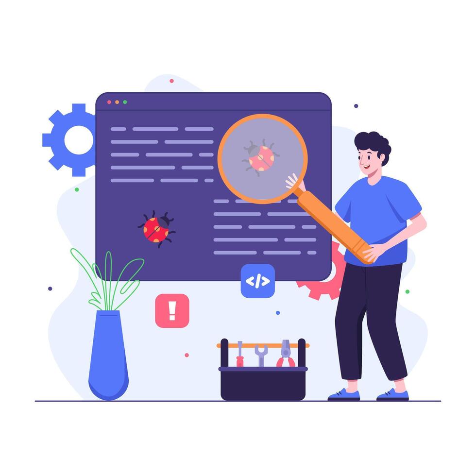 Programmer searching and doing bug fixing 60024657 Vector Art at Vecteezy