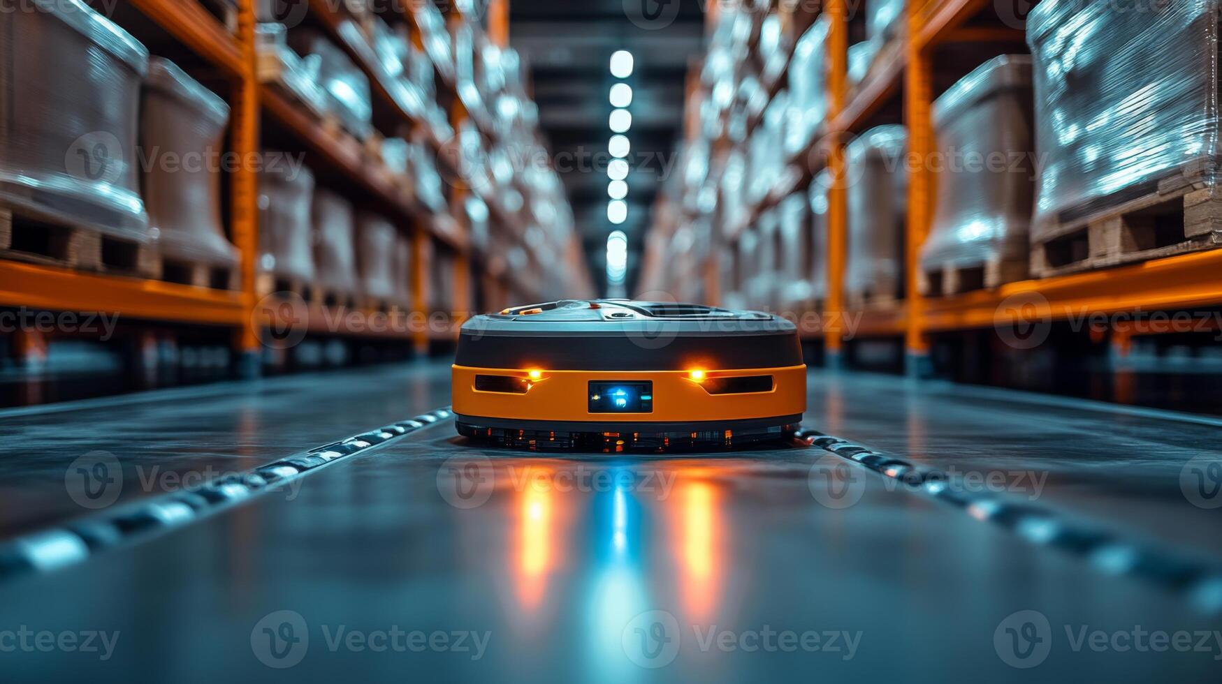 A sleek, automated robot moves down the aisle of a well organized warehouse, optimizing the ...