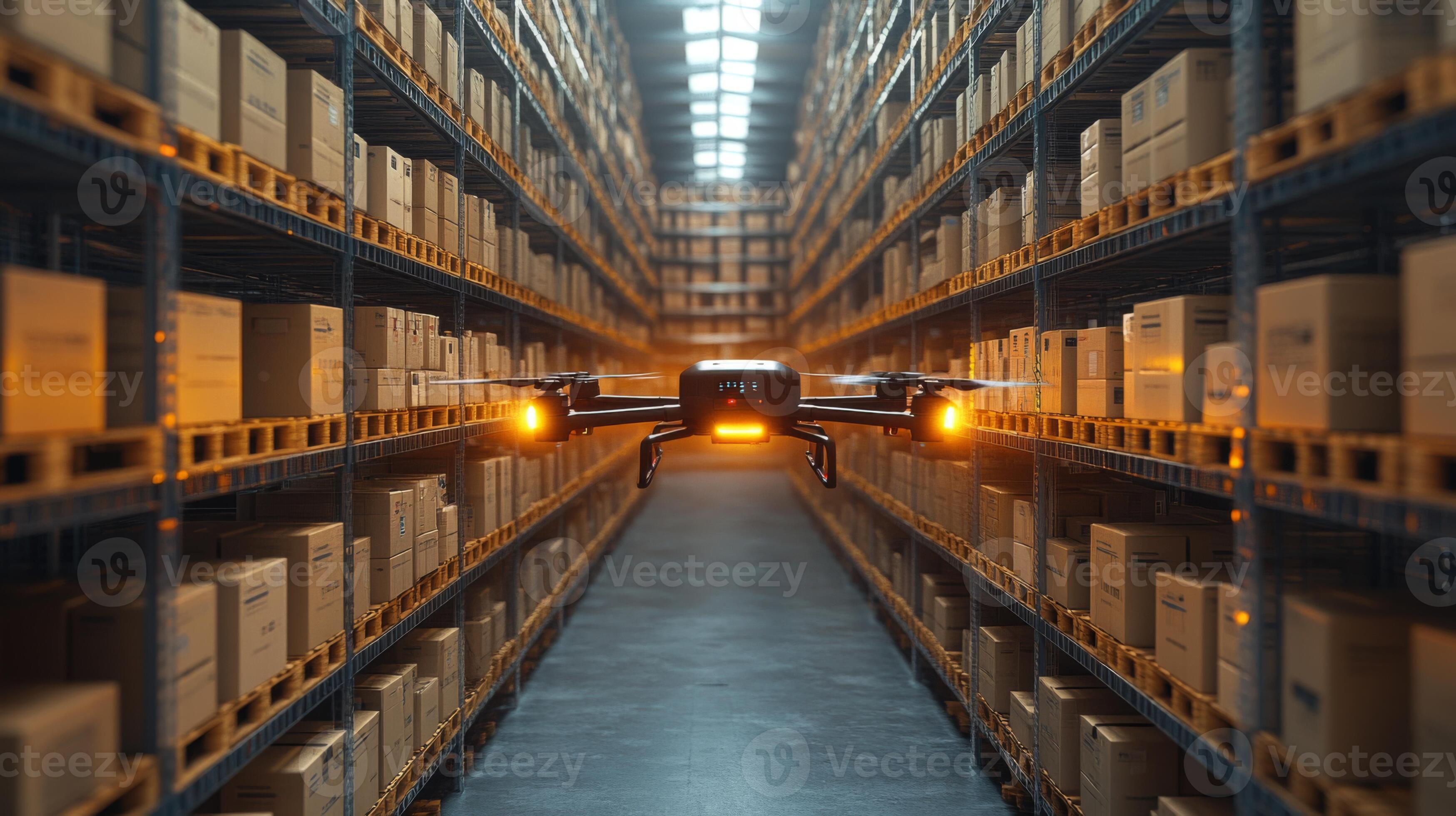 Drones navigate through a warehouse filled with stacked boxes, efficiently sorting and managing ...