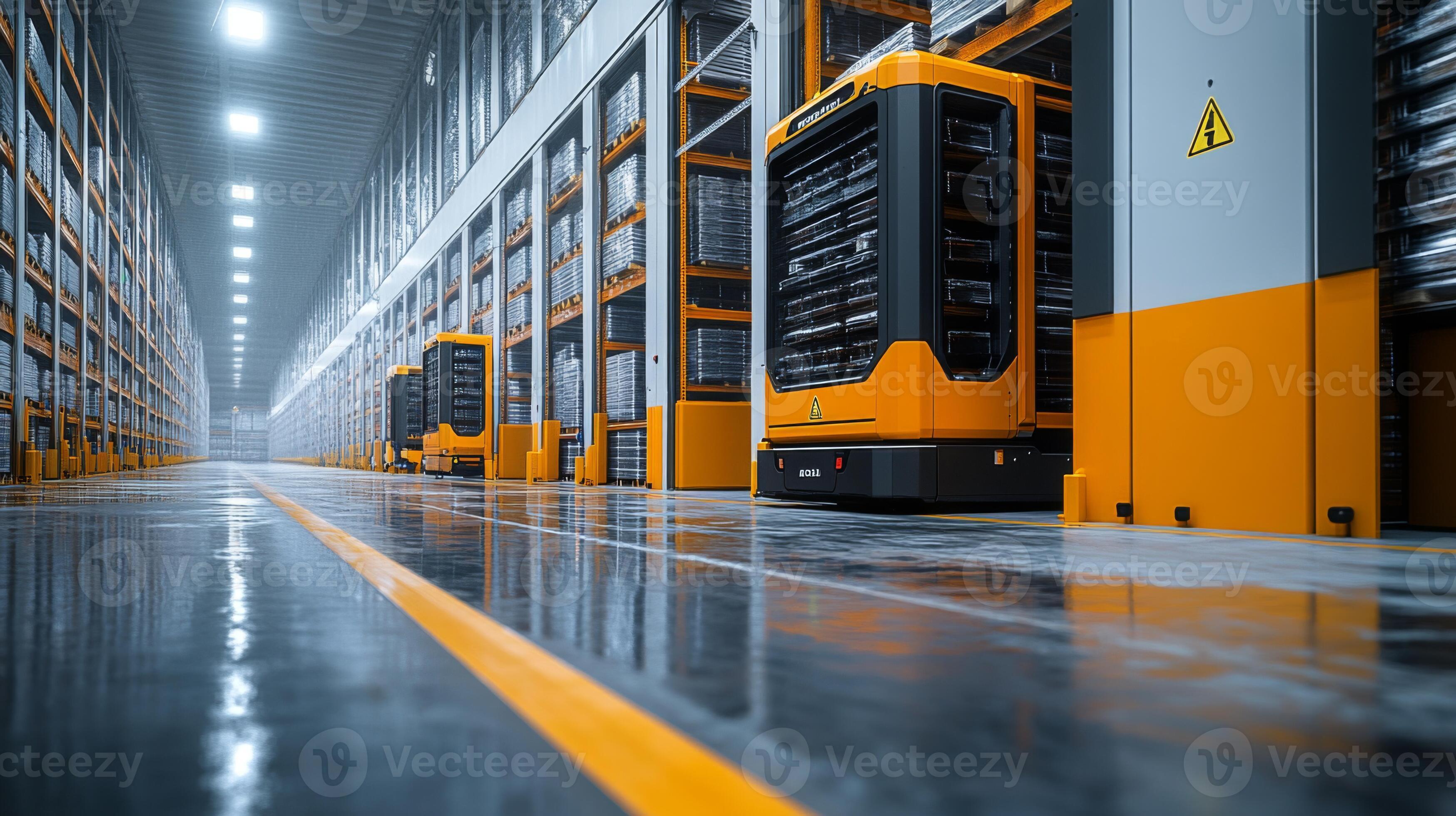 Advanced automated systems operate in the expansive warehouse, efficiently managing logistics ...