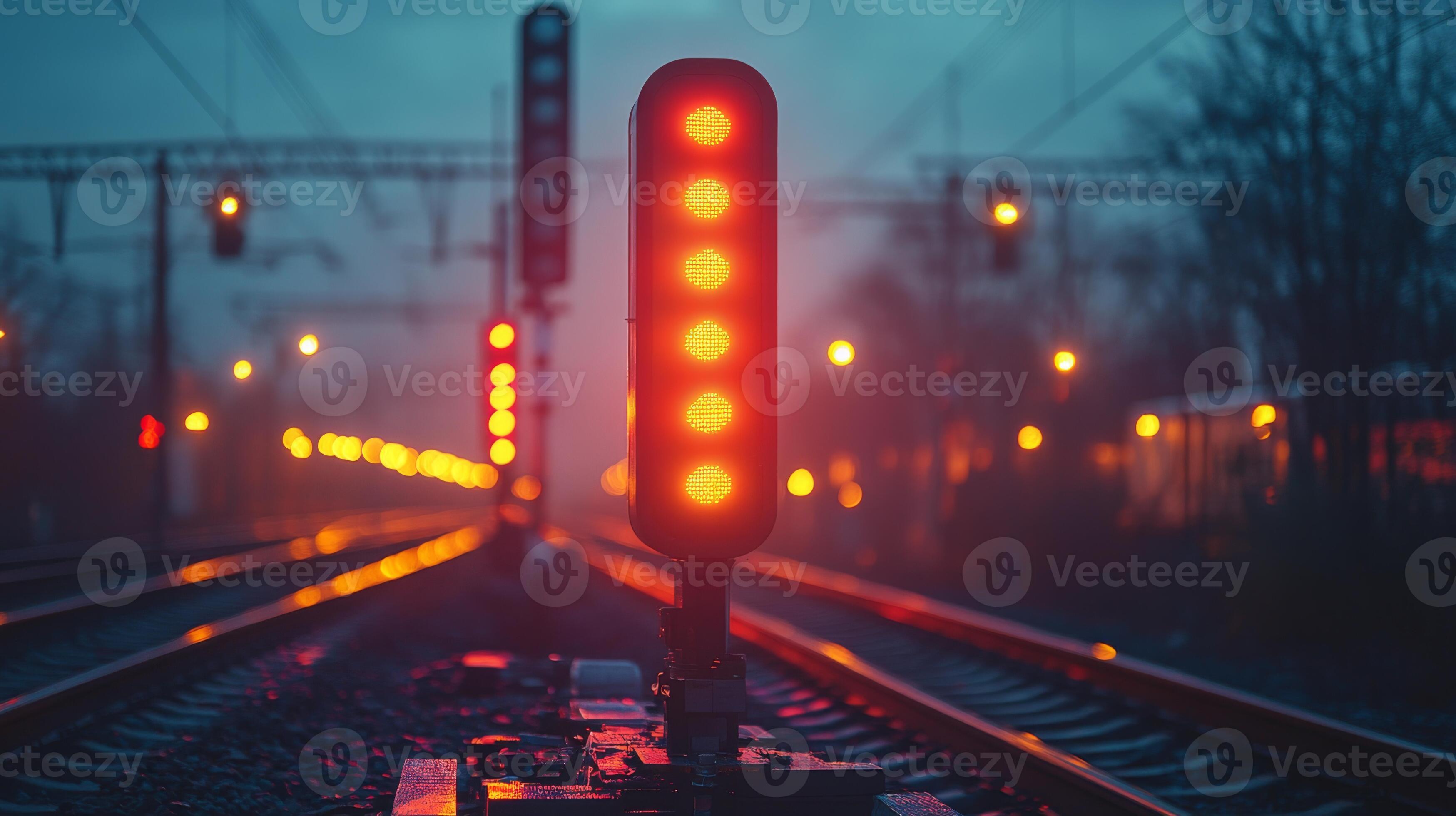Bright red signal lights are visible on railway tracks at dusk ...