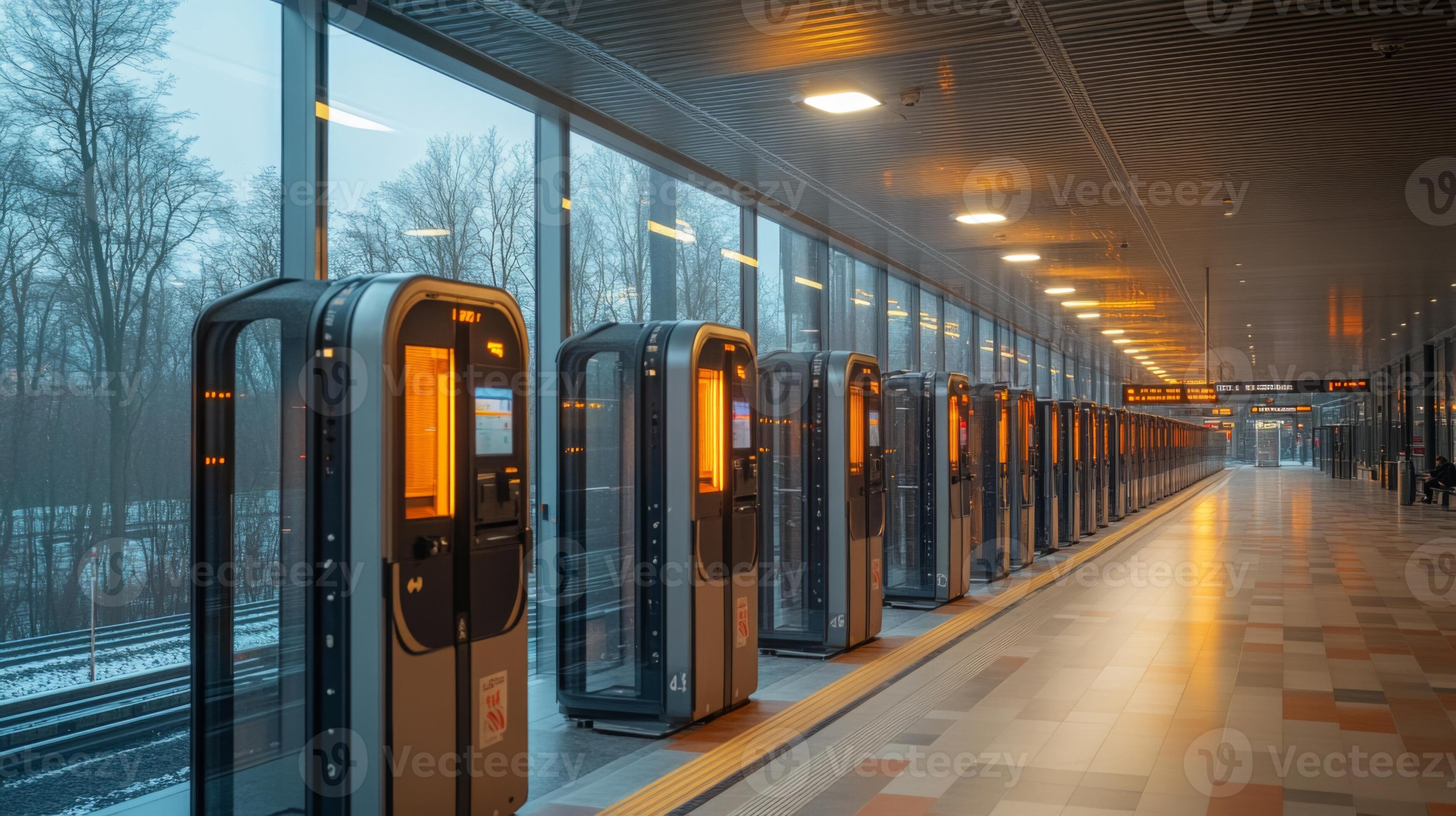 An Automated Transport Checkpoint Features Sleek Kiosks For Ticket Purchases And Inspections