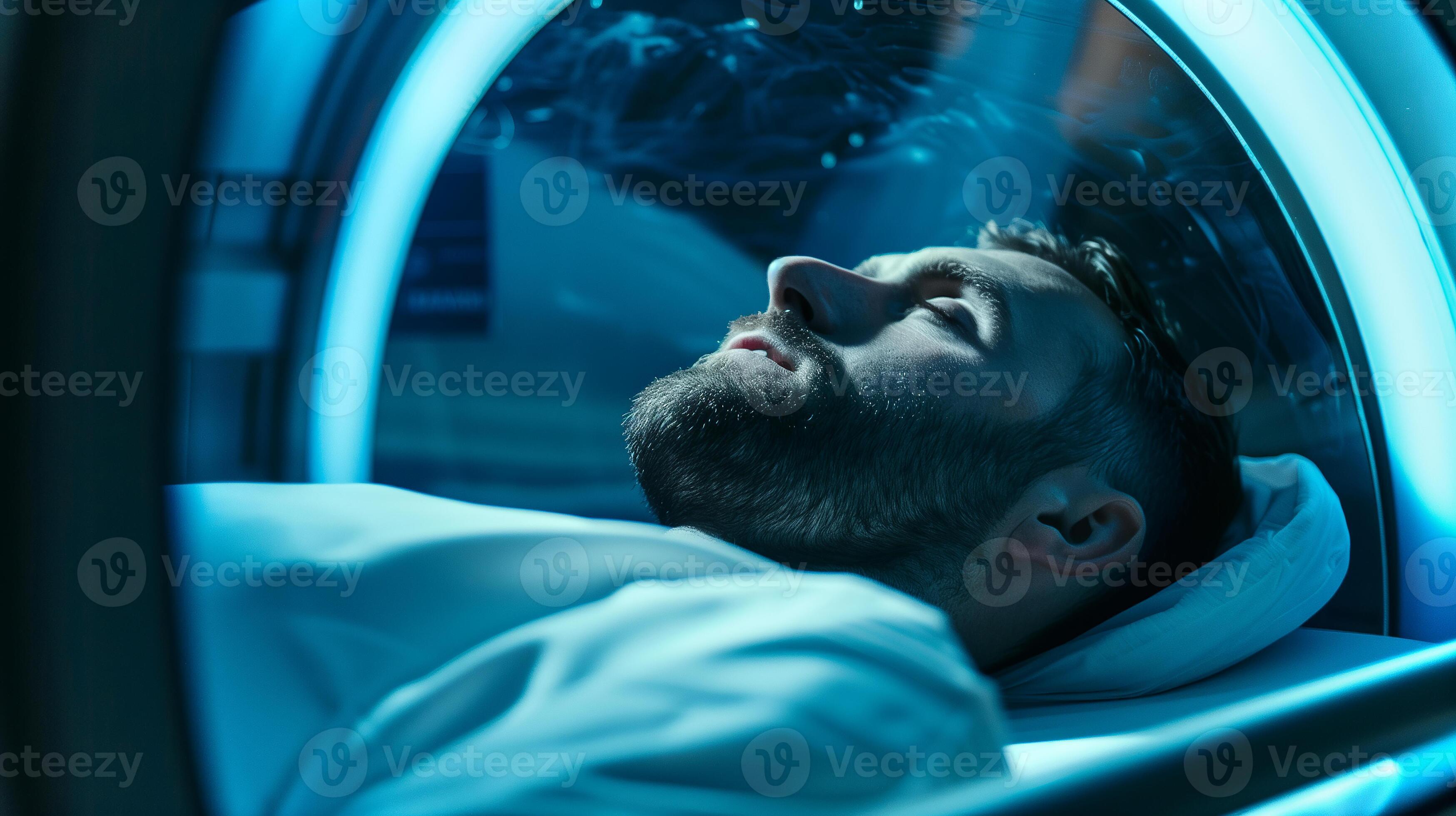 This person in a cryogenic chamber symbolizes biotech and space exploration. 60029759 Stock ...