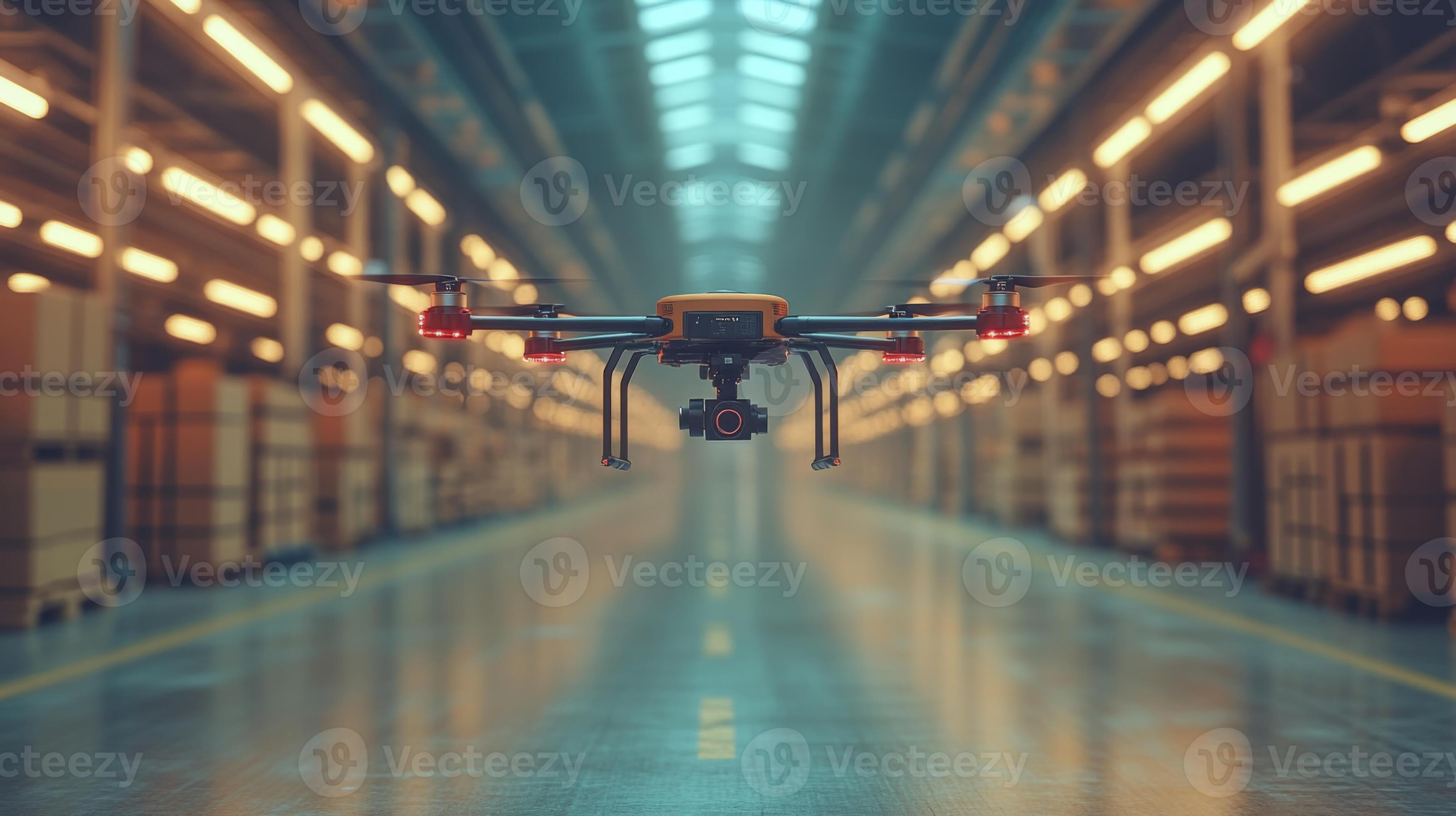 A drone hovers within a large logistics center filled with stacked boxes, optimizing inventory ...