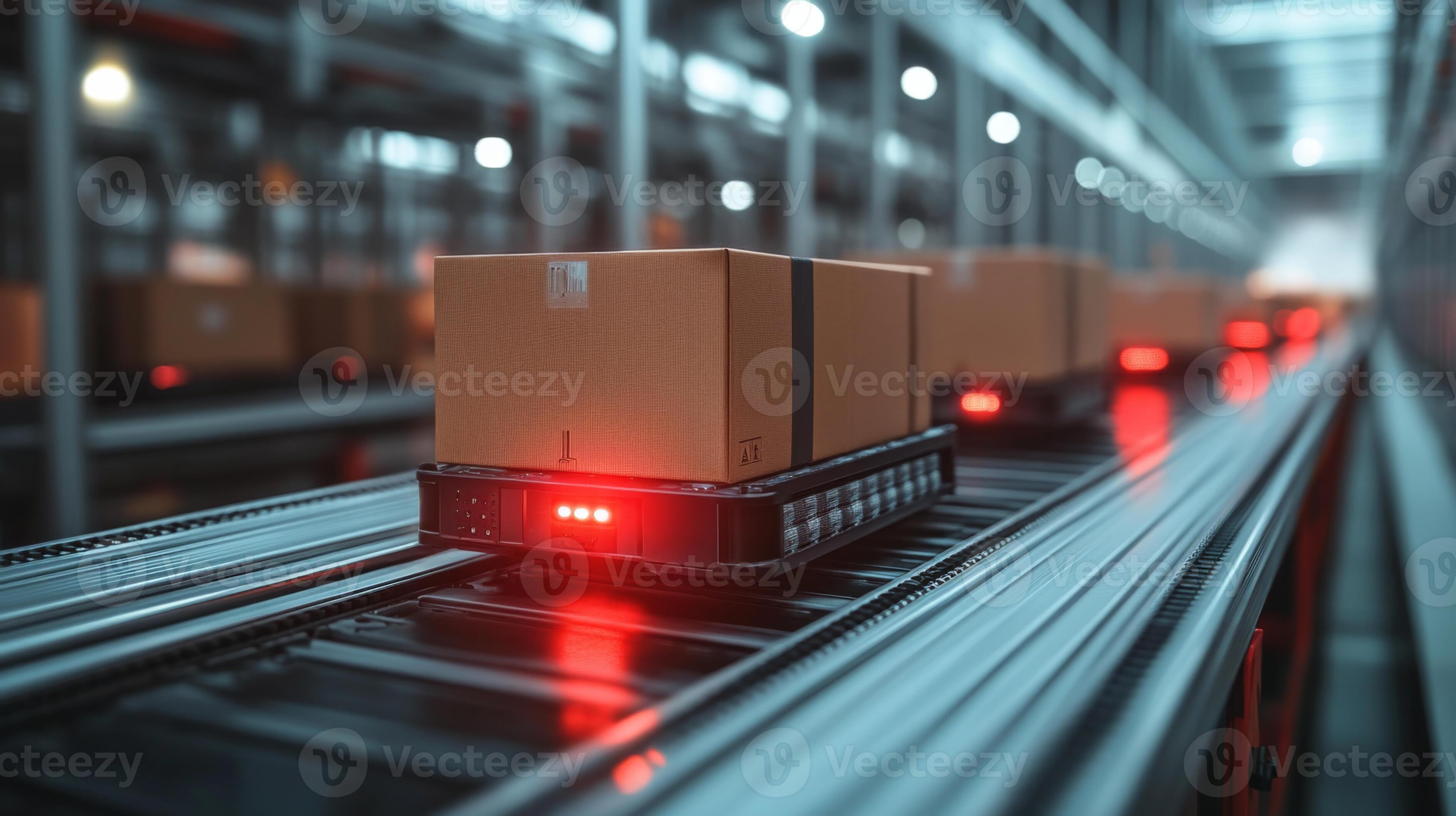 Automated vehicles transport packages through a bustling logistics center, enhancing efficiency ...
