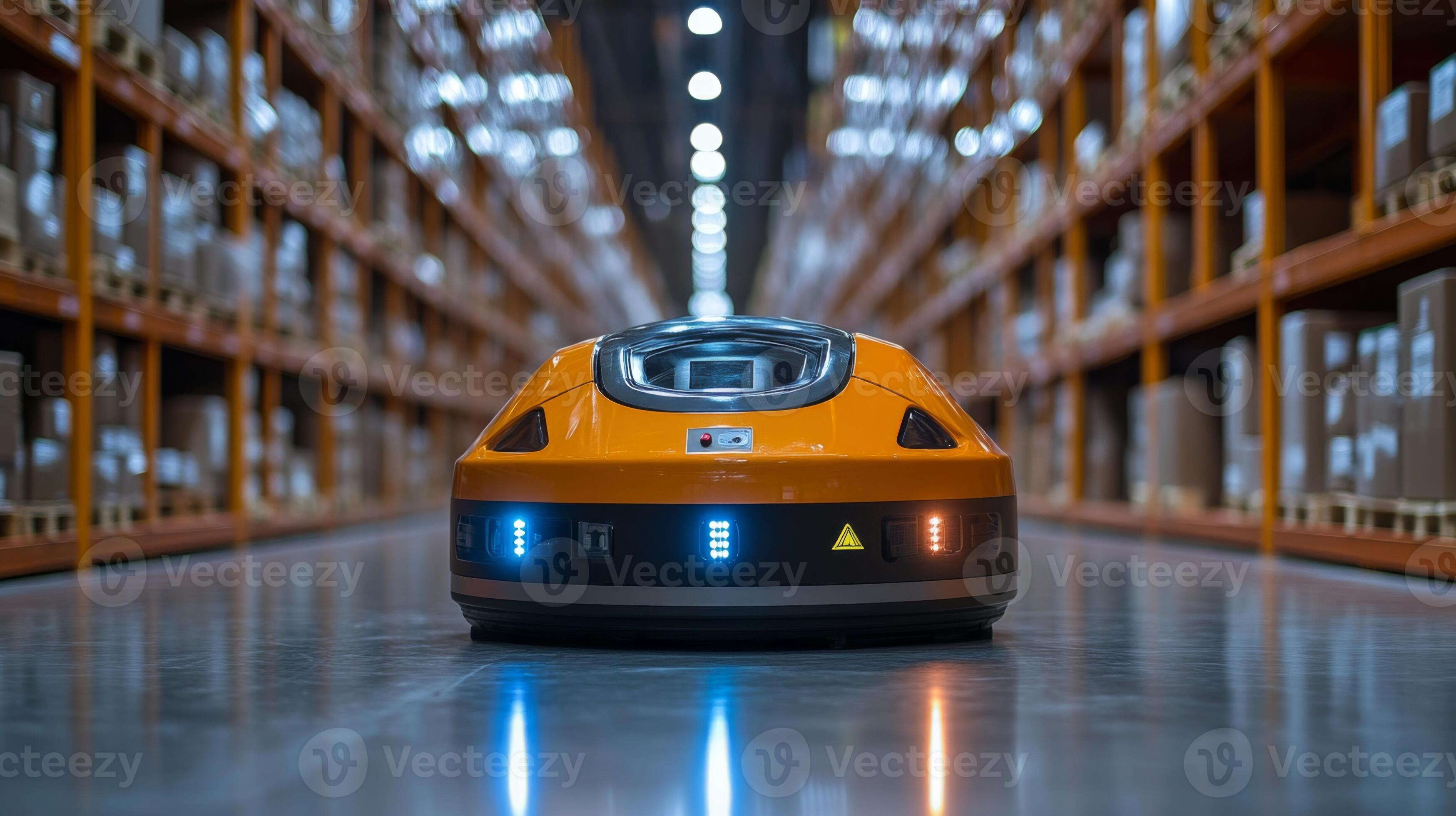 An automated robot transports goods efficiently through a well organized logistics center ...