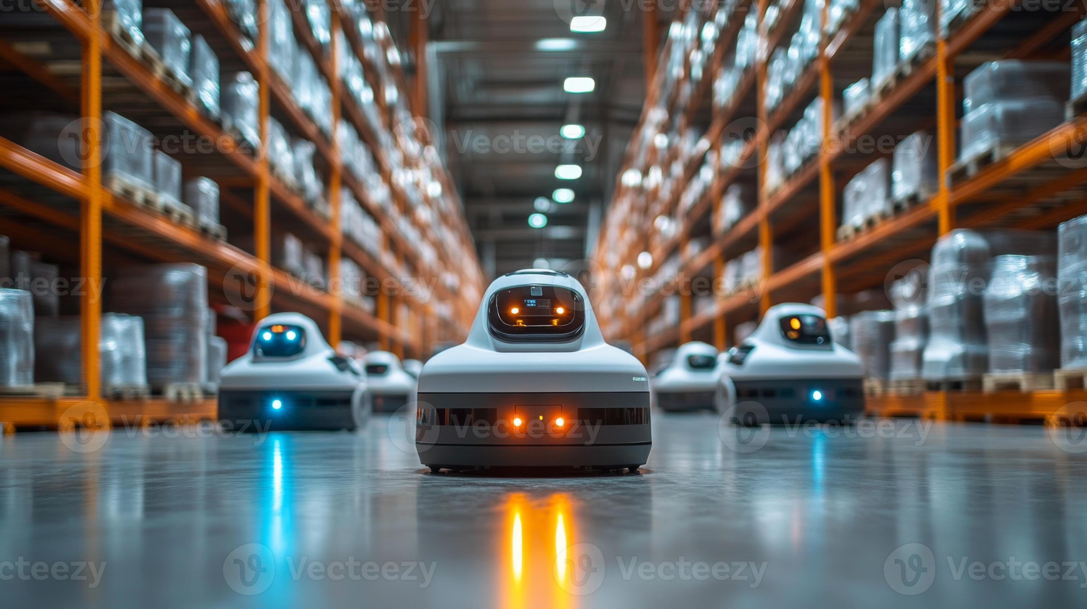 Robots navigate through a vast warehouse, efficiently transporting goods while optimizing ...