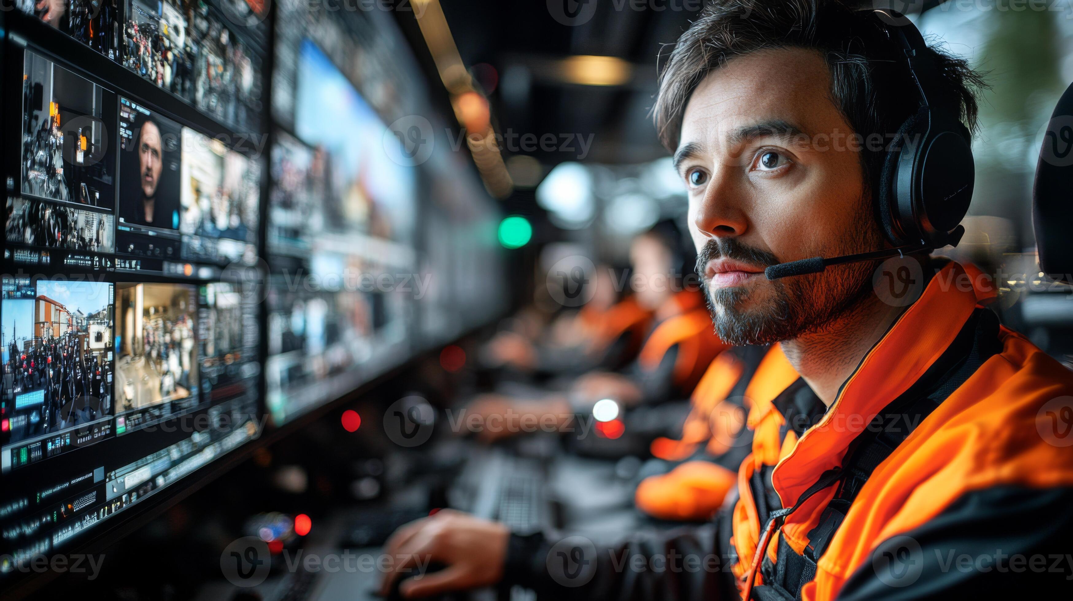 Operators closely observe screens displaying real time data and feeds ...