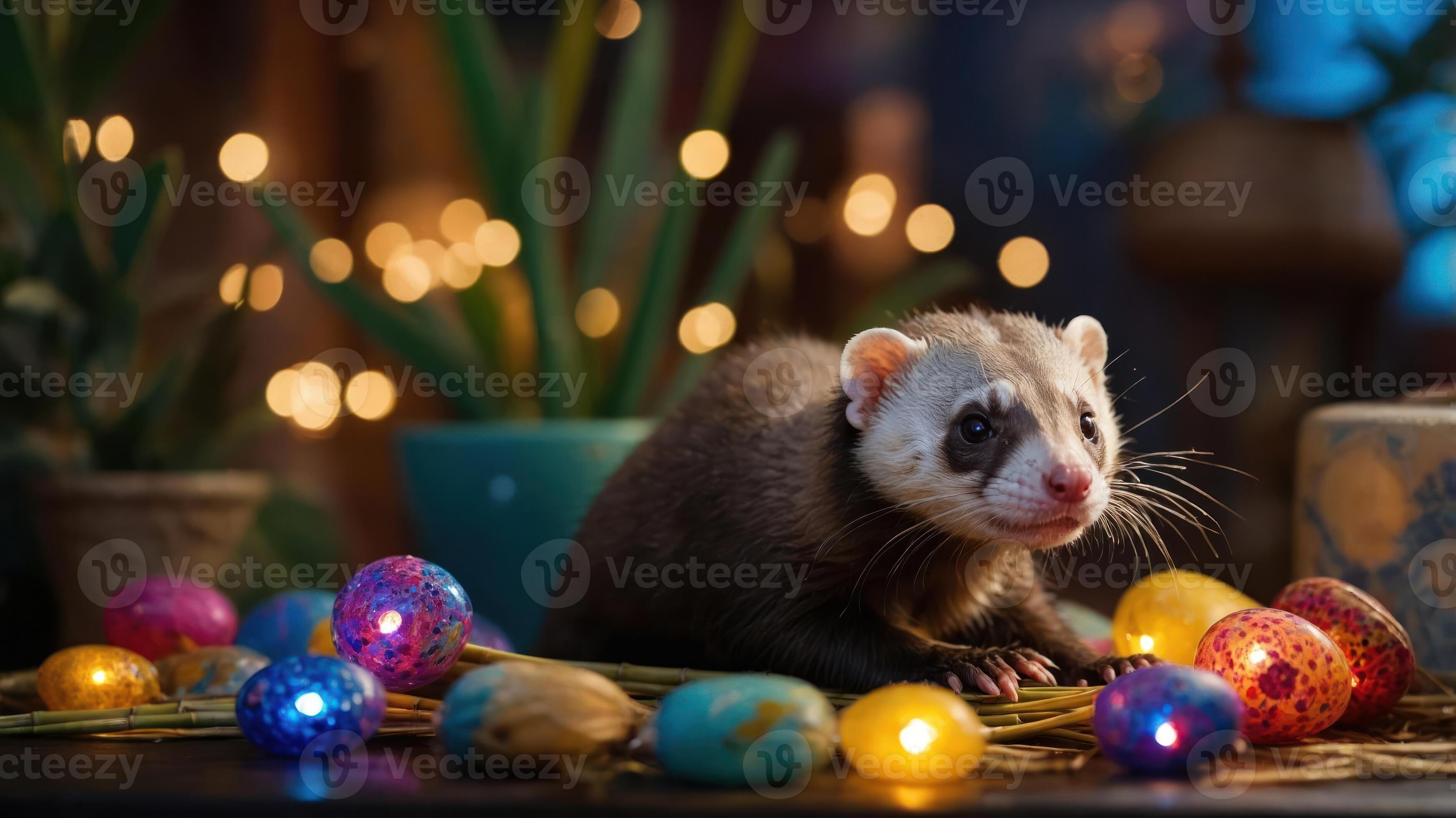 A playful ferret surrounded by colorful Easter eggs and soft lighting. 60046061 Stock Photo at ...