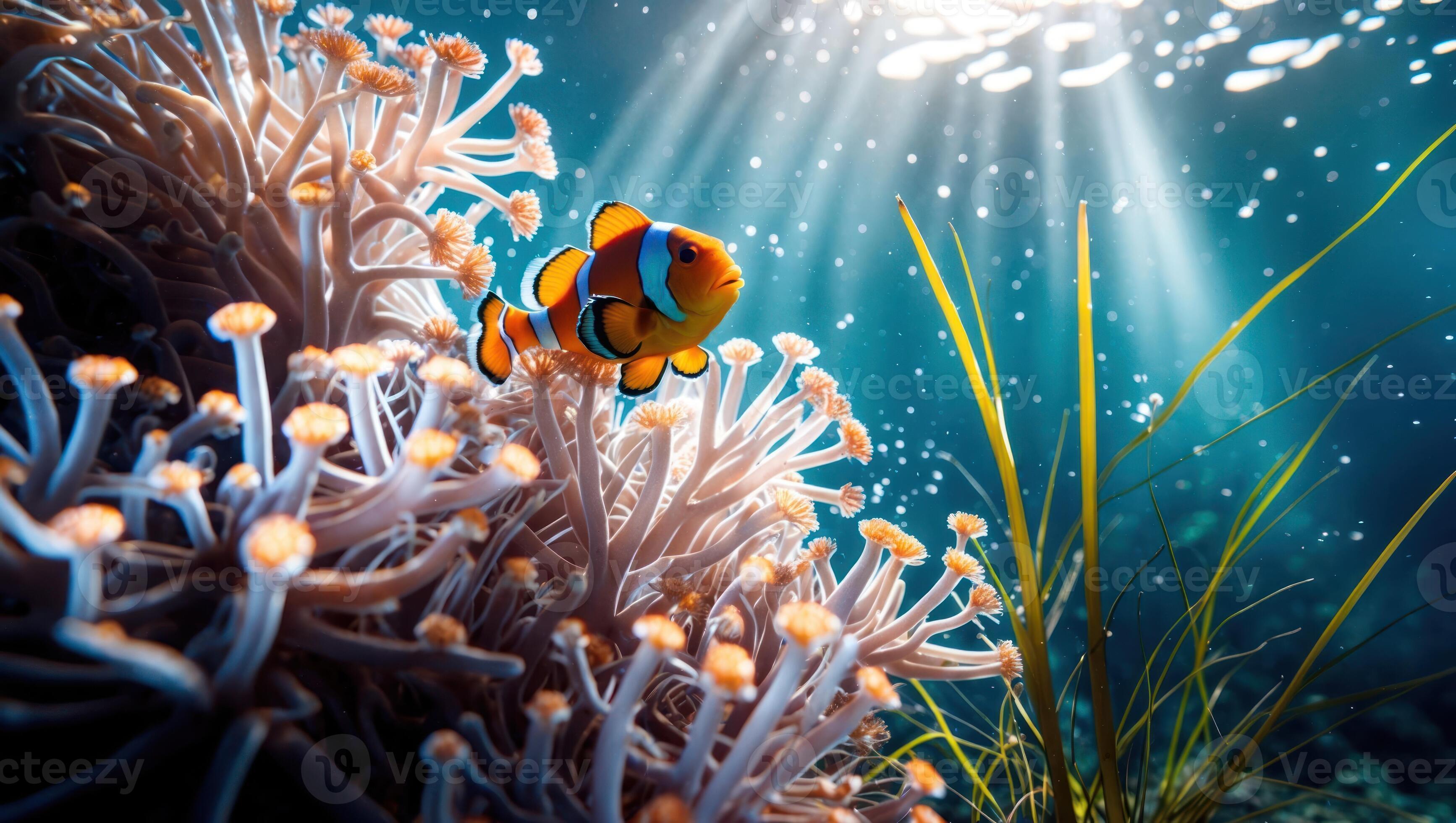 pez payaso nadando entre coral arrecifes con Dom rayos en Oceano 60075940 Foto de stock en Vecteezy