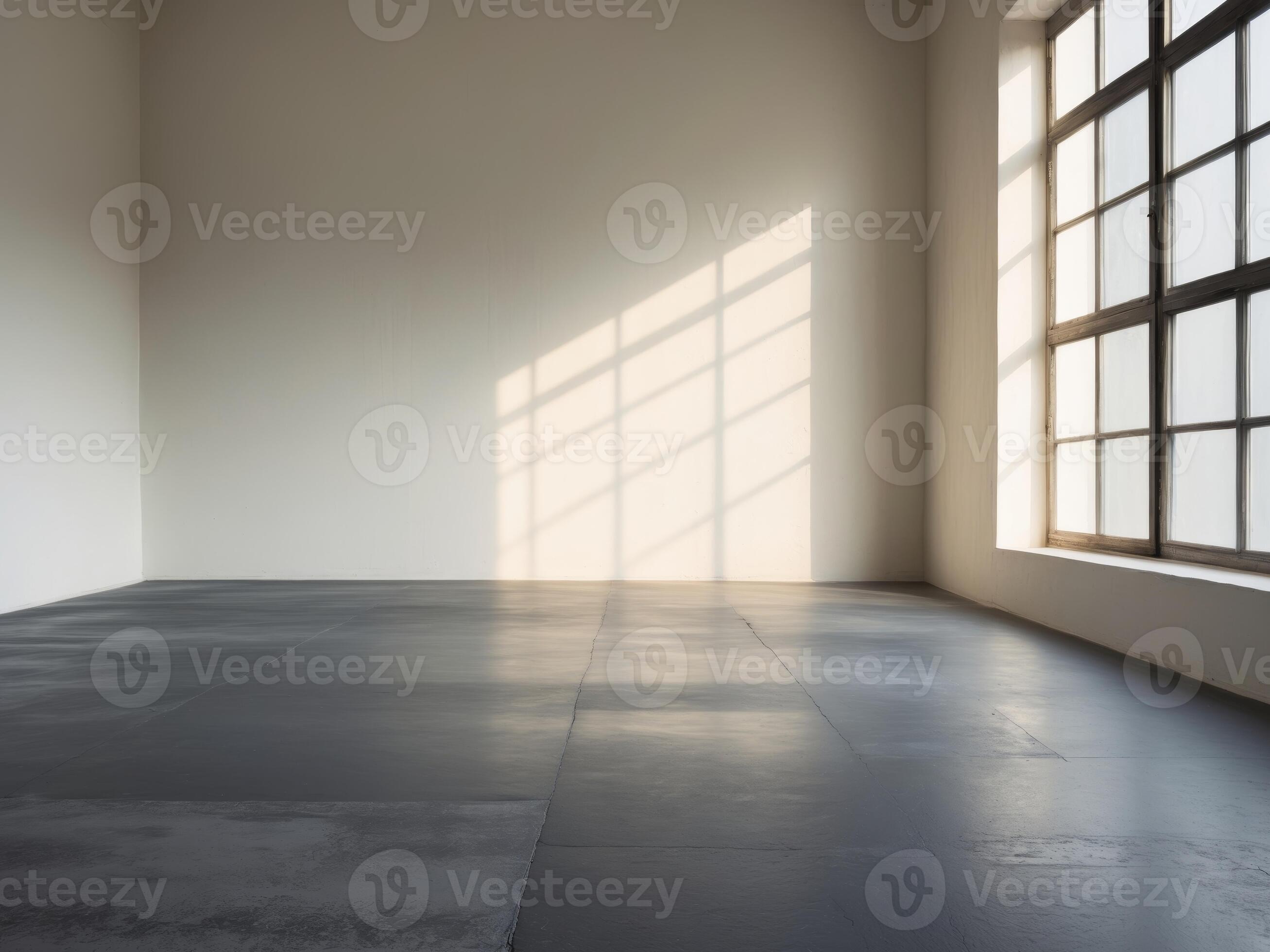 Empty room large window right side has concrete Spotlit grey floor ...