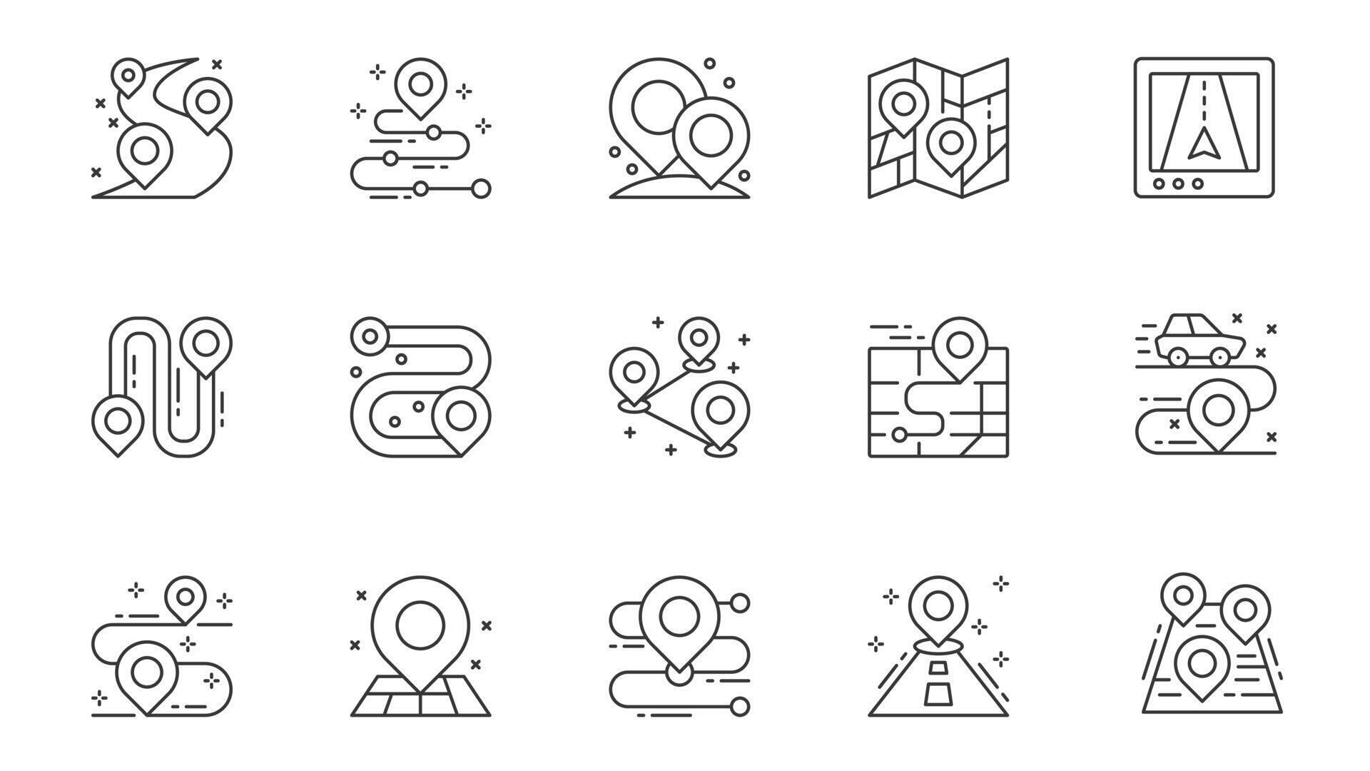 Gps Navigator Icons Set In Outline Stroke Design For Web Pack Line Pictograms With Route With