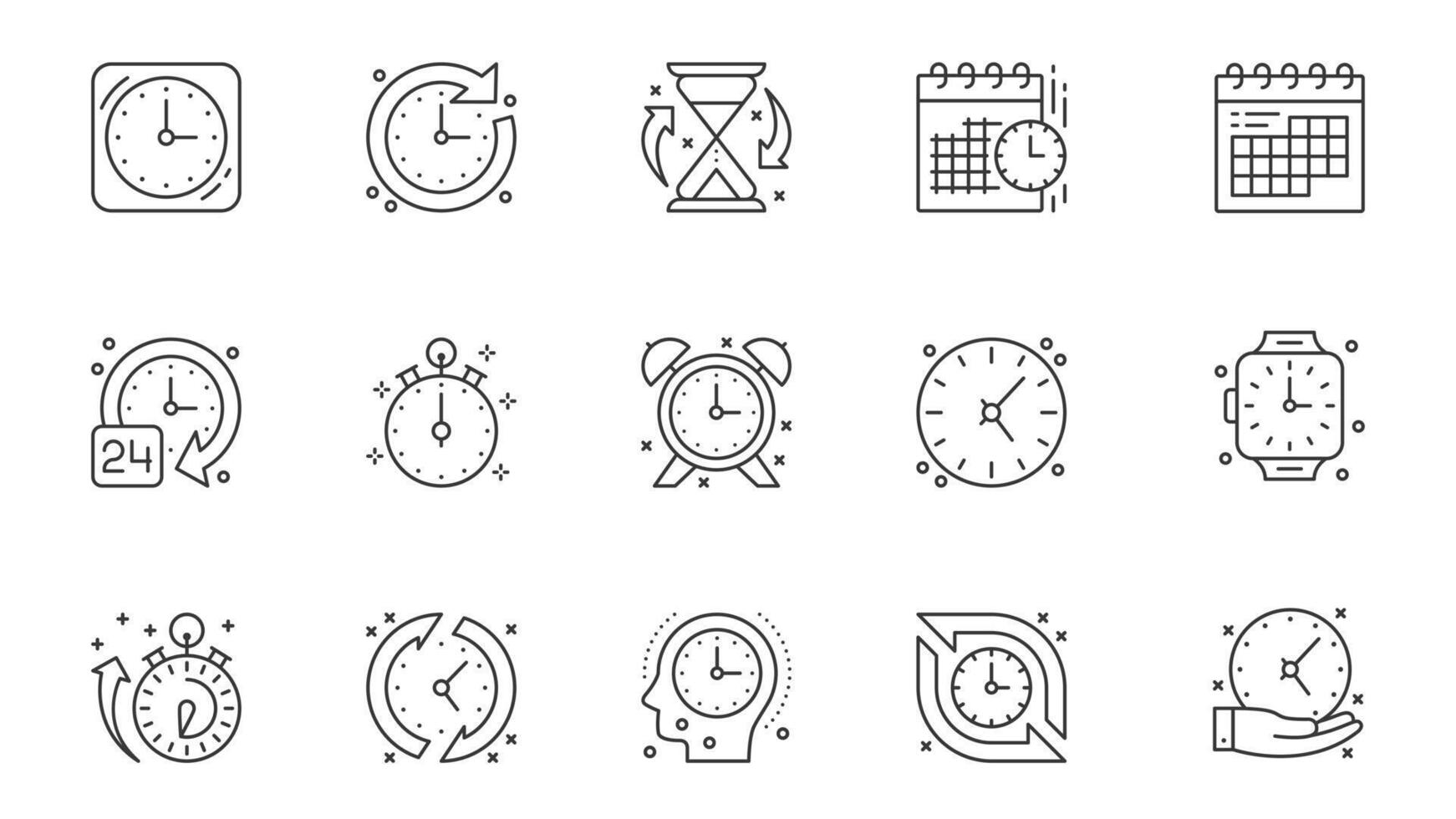 Time management icons set in outline stroke design for web. Pack line pictograms with clock ...